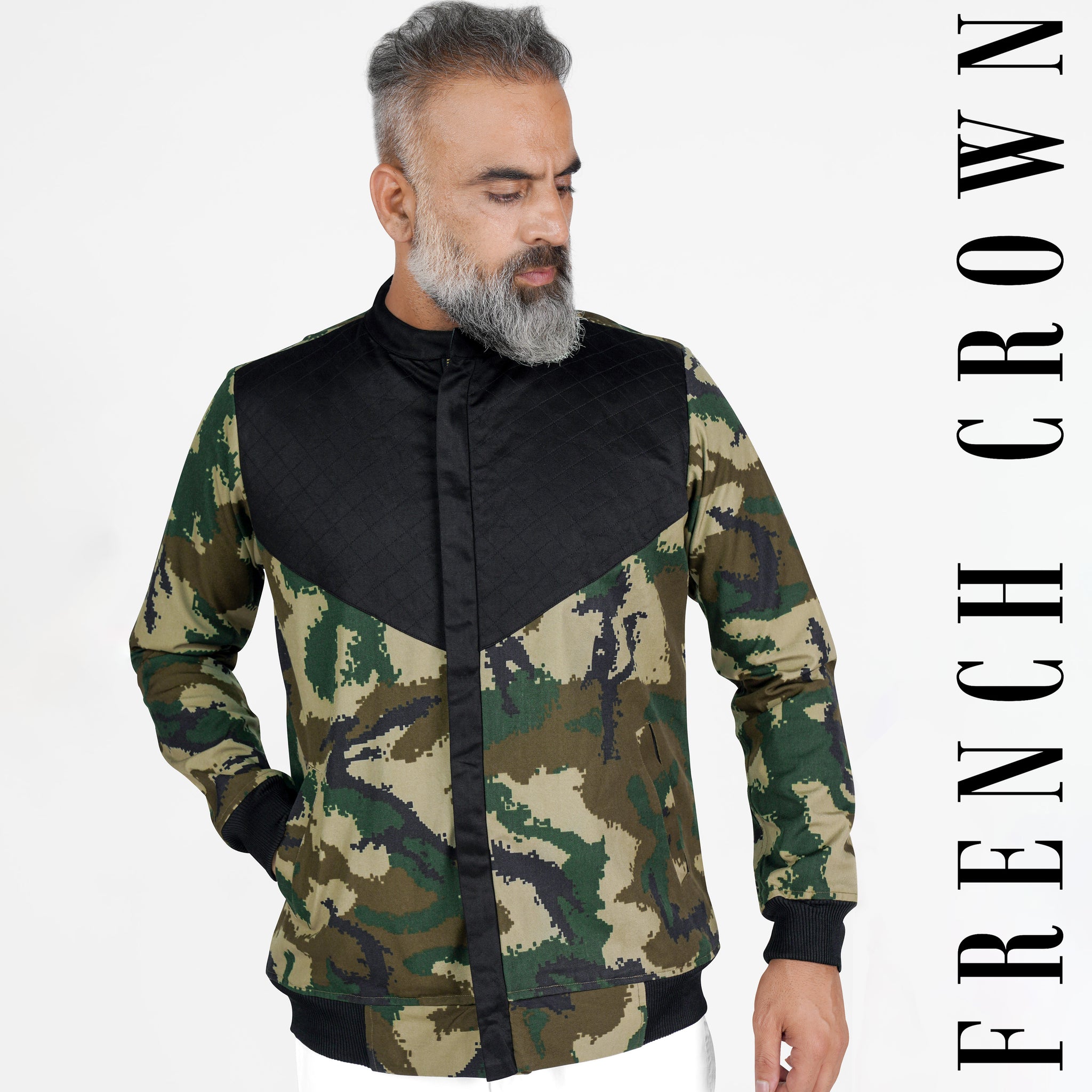 Jade Black with Wheat Brown Casual Prints Premium Cotton bomber jackets for men at French Crown.