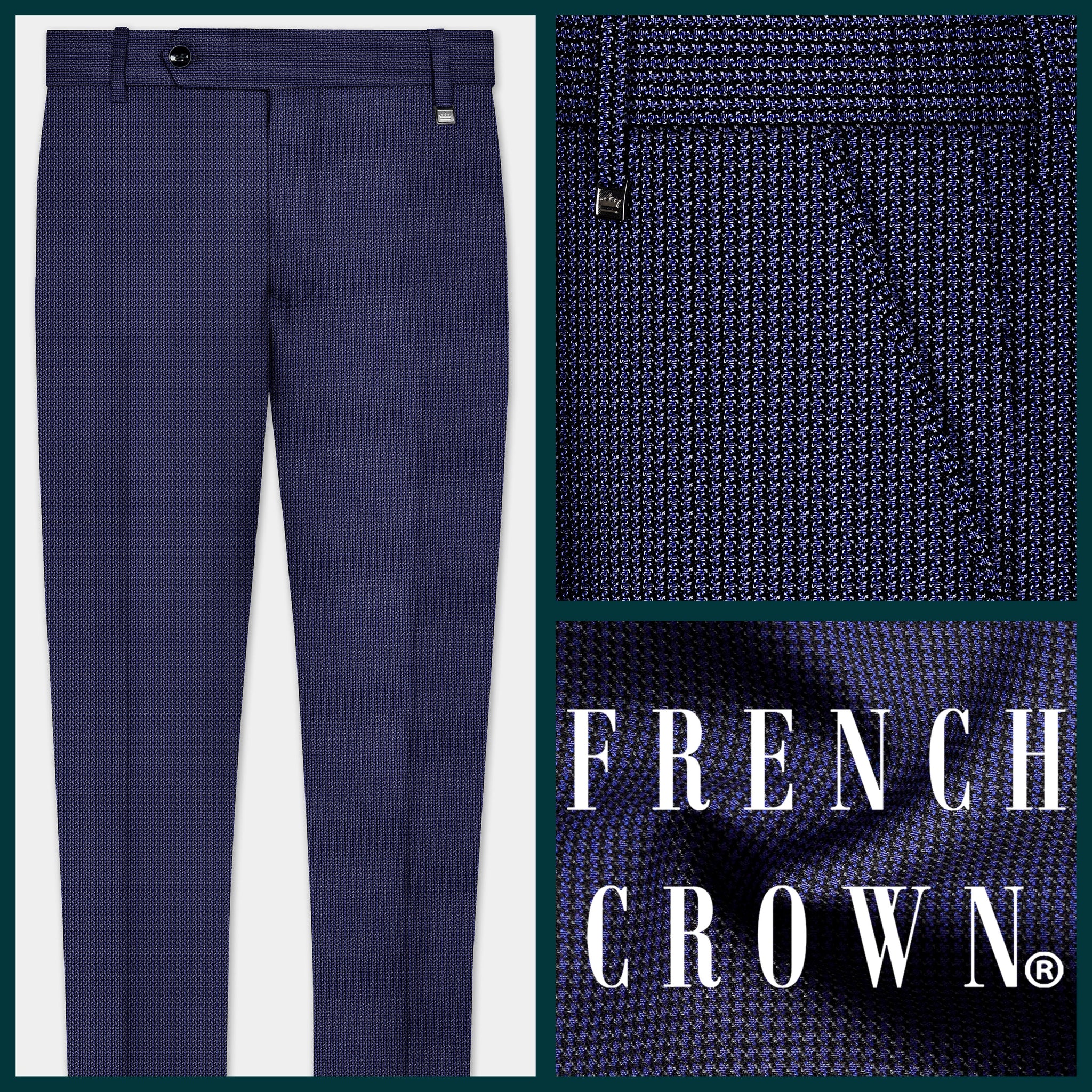 Azure Crest-Topaz Blue houndstooth Textured Premium Wool Blend Pant For Men.