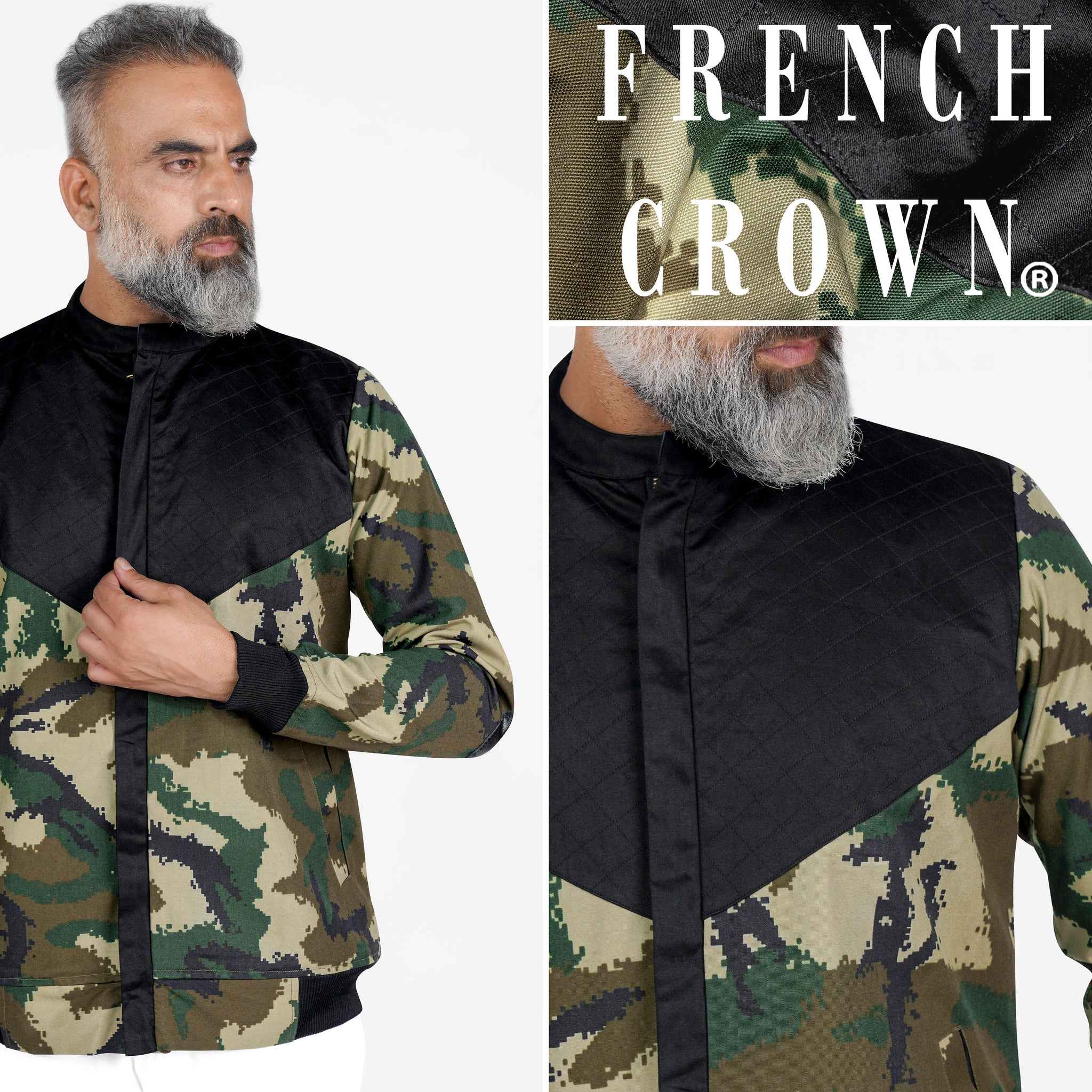 Jade Black with Wheat Brown Casual Prints Premium Cotton bomber jackets for men at French Crown.