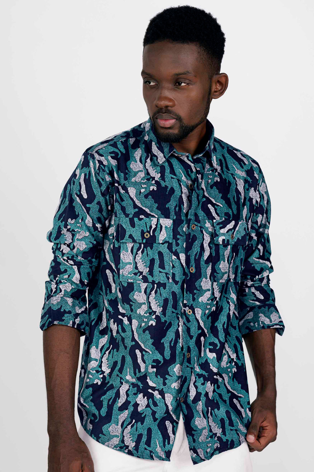 Mirage Blue and Cararra White Casual Prints Premium Cotton Shirt For Men