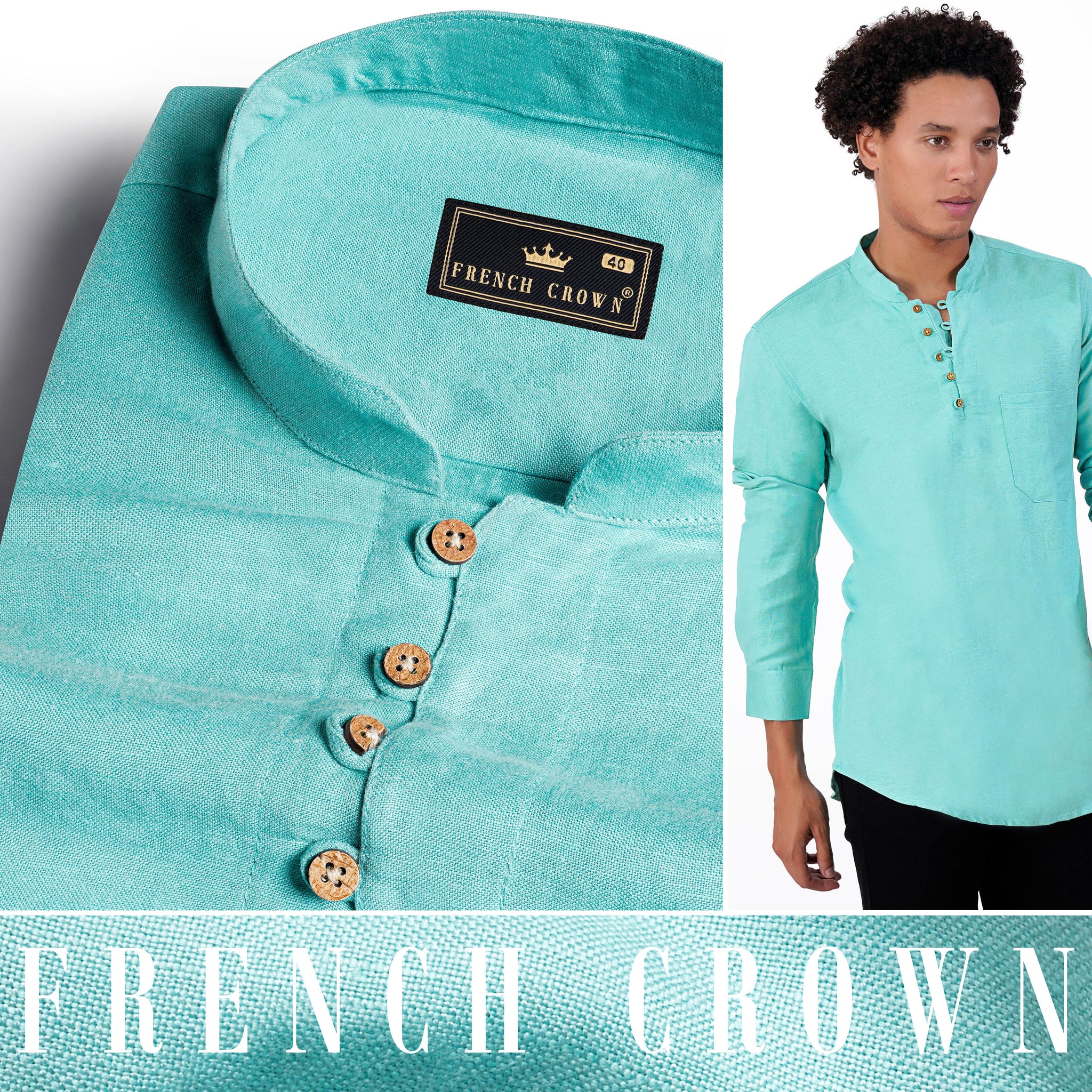 Verdigris Blue Casual Textured Premium Linen Indian Kurta Style Shirt ...