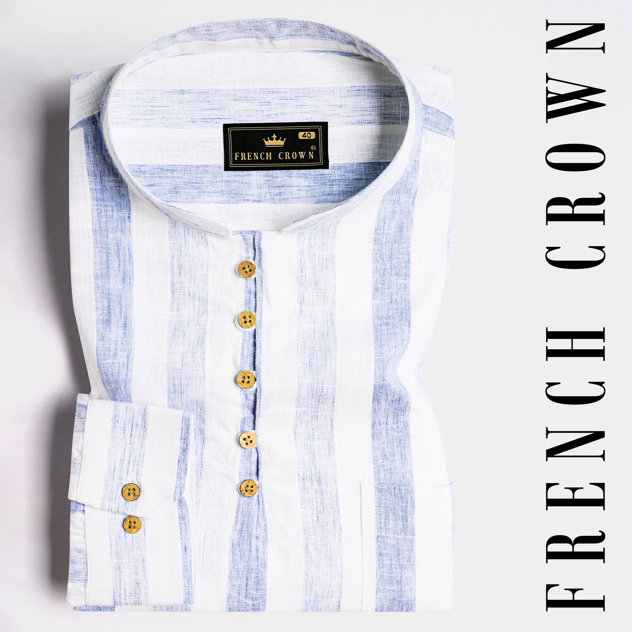 Hoki Blue and White Casual Stripes Premium Linen Indian Kurta Style