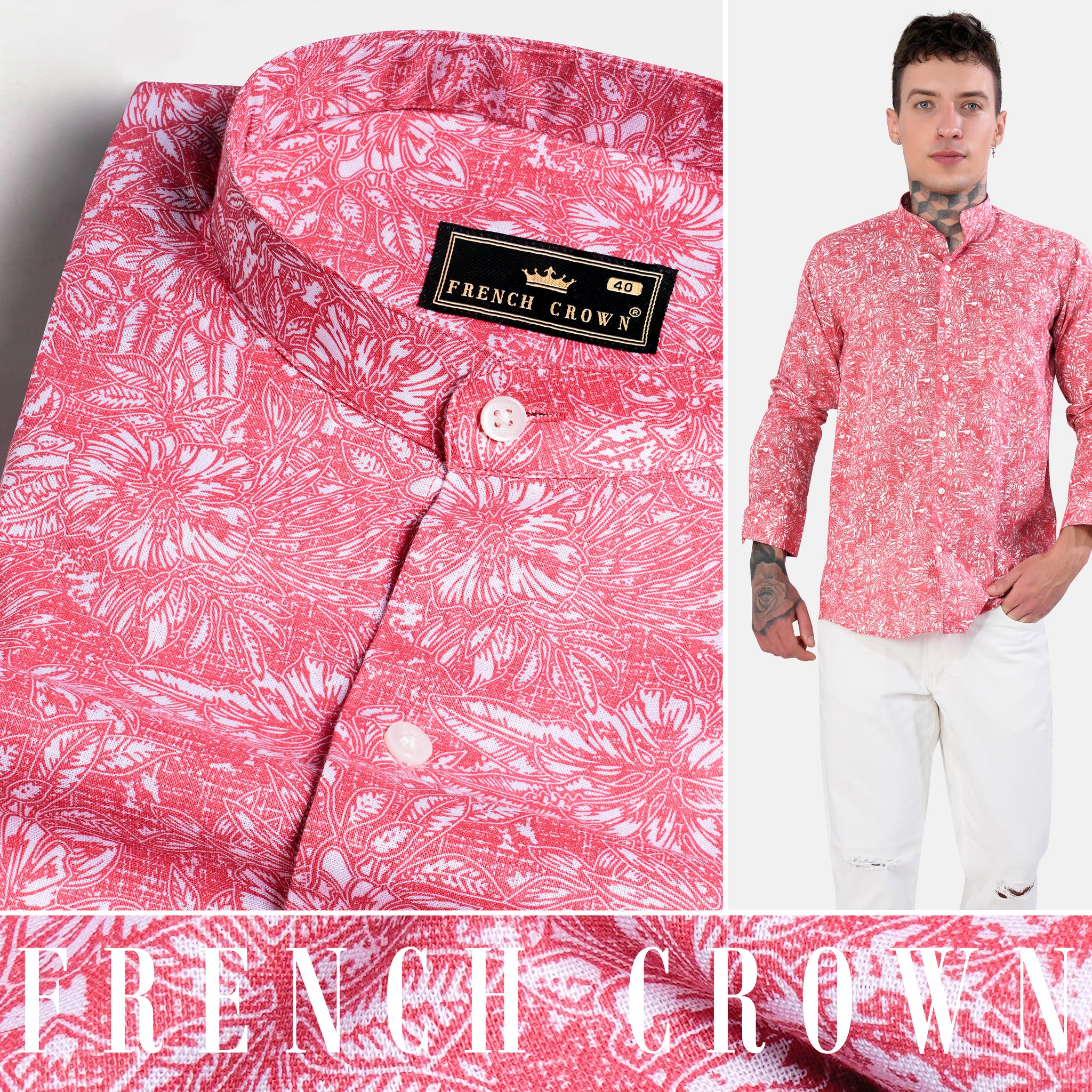 Brink Pink and White Casual Prints Premium Linen Shirt For Men