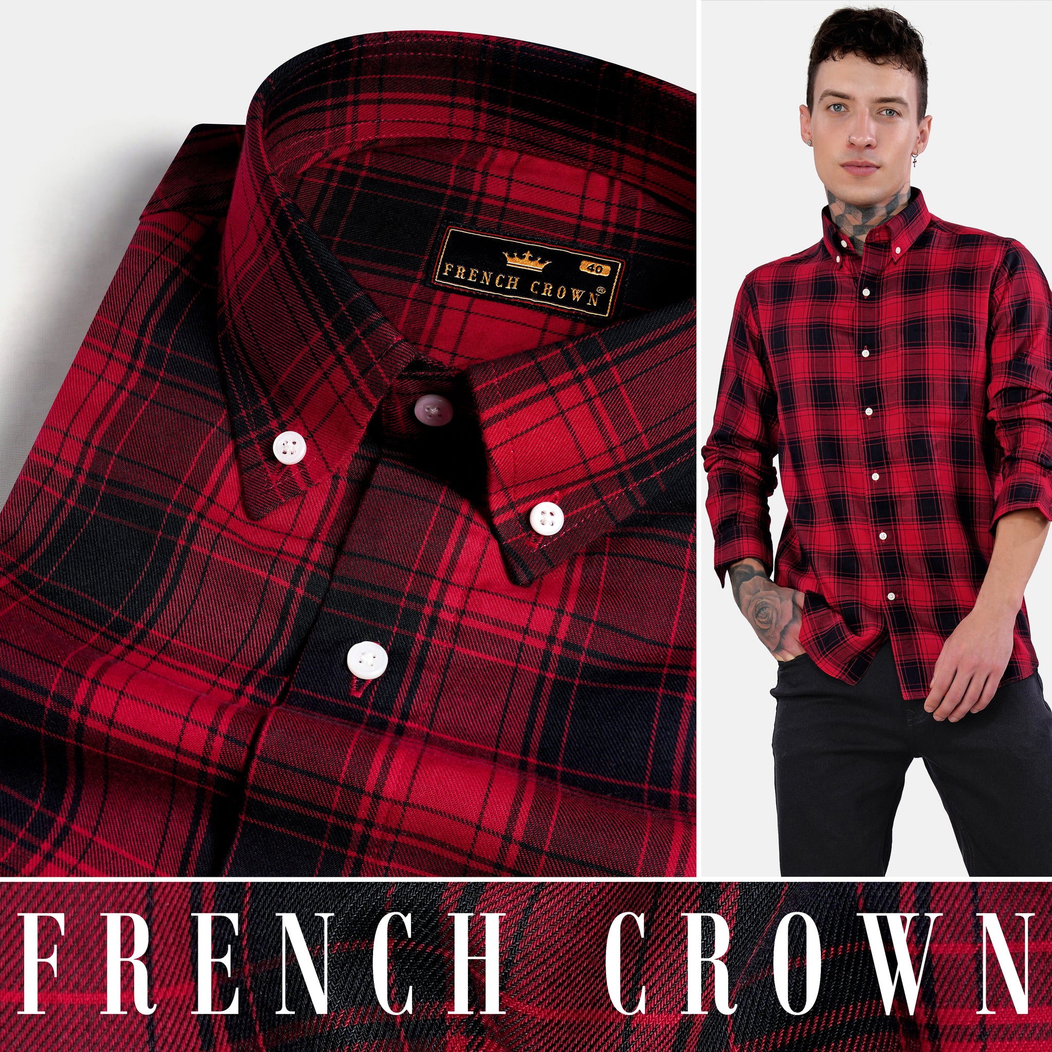 Shiraz Red and Black Casual Checks-Plaid Premium Cotton Button-Down ...