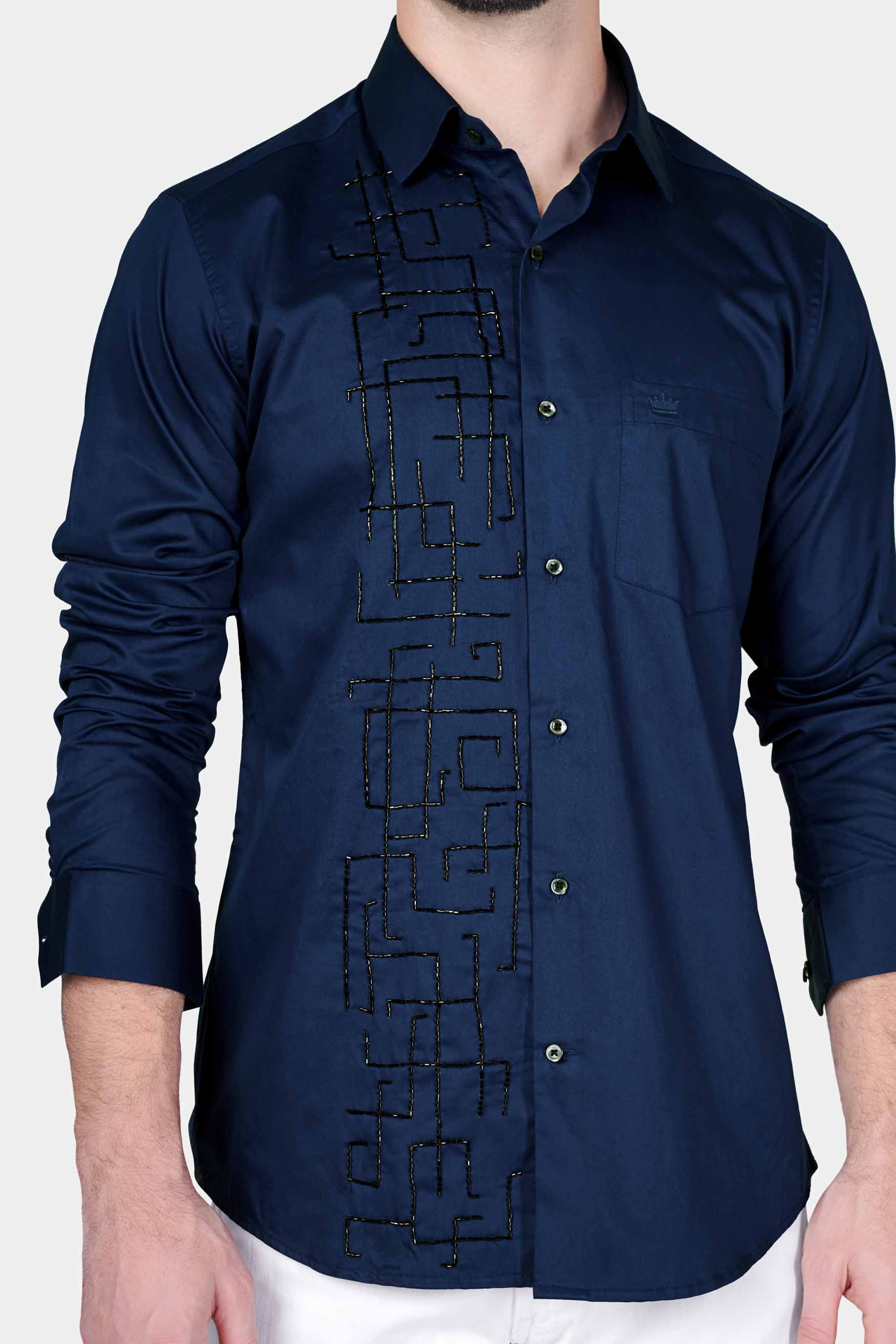 Cloud Burst Blue Casual Plain-Solid Premium Cotton Embroidered Shirt ...