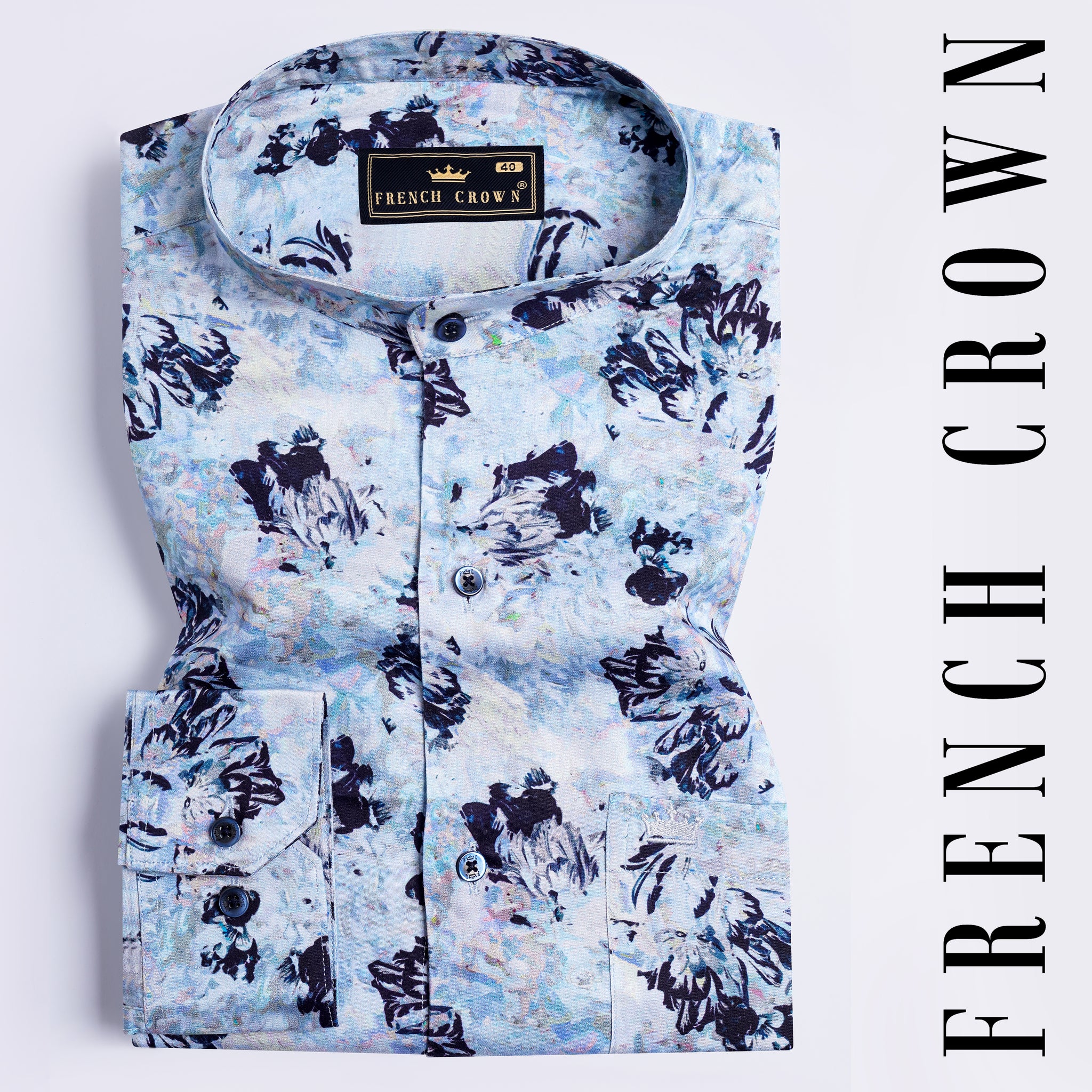 Bright White and Downriver Blue Casual Prints Premium Cotton Shirt For Men