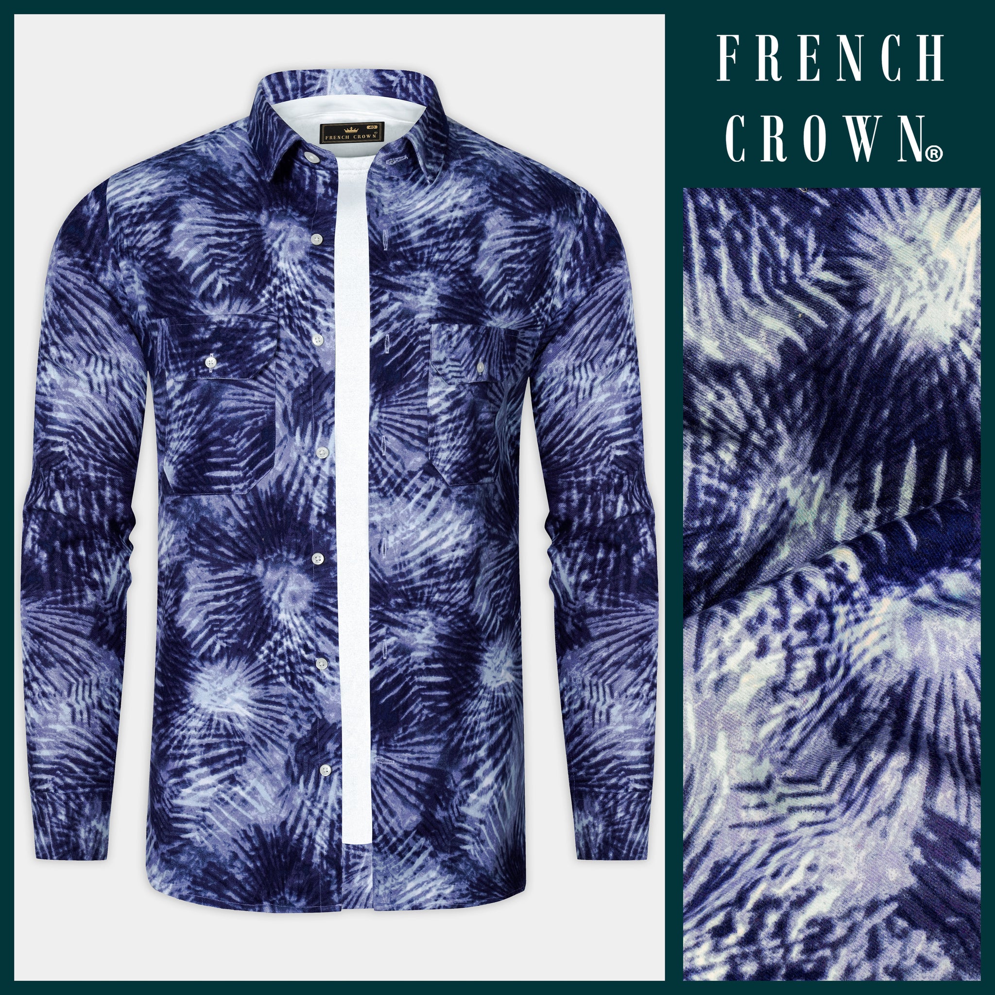 Indigo Blue And Bright White Casual Prints Premium Cotton Overshirt ...