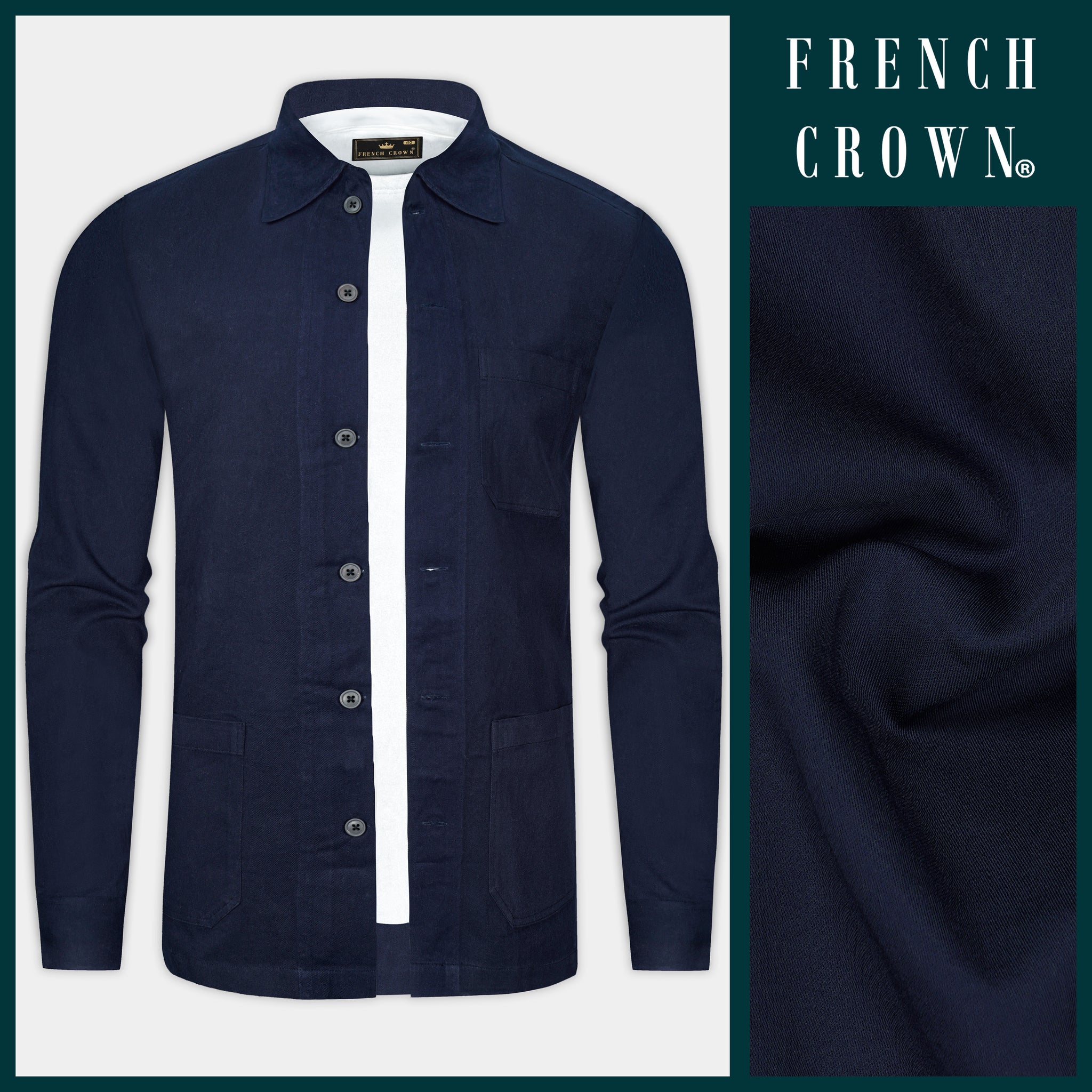 Midnight Blue Casual Textured Premium Cotton Overshirt/shacket For Men
