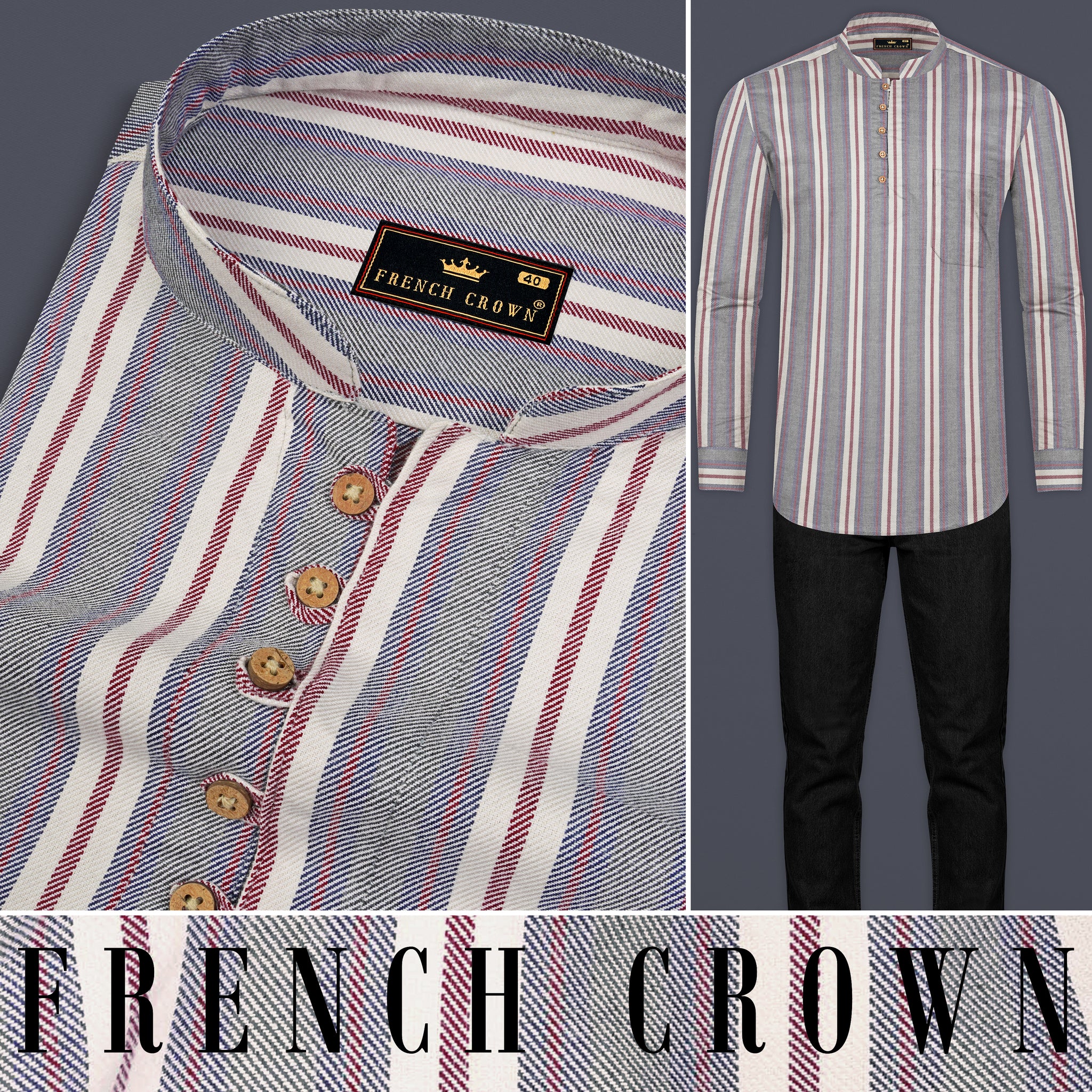 Boulder Gray Casual Stripes Premium Cotton Indian Kurta Style Shirt For ...