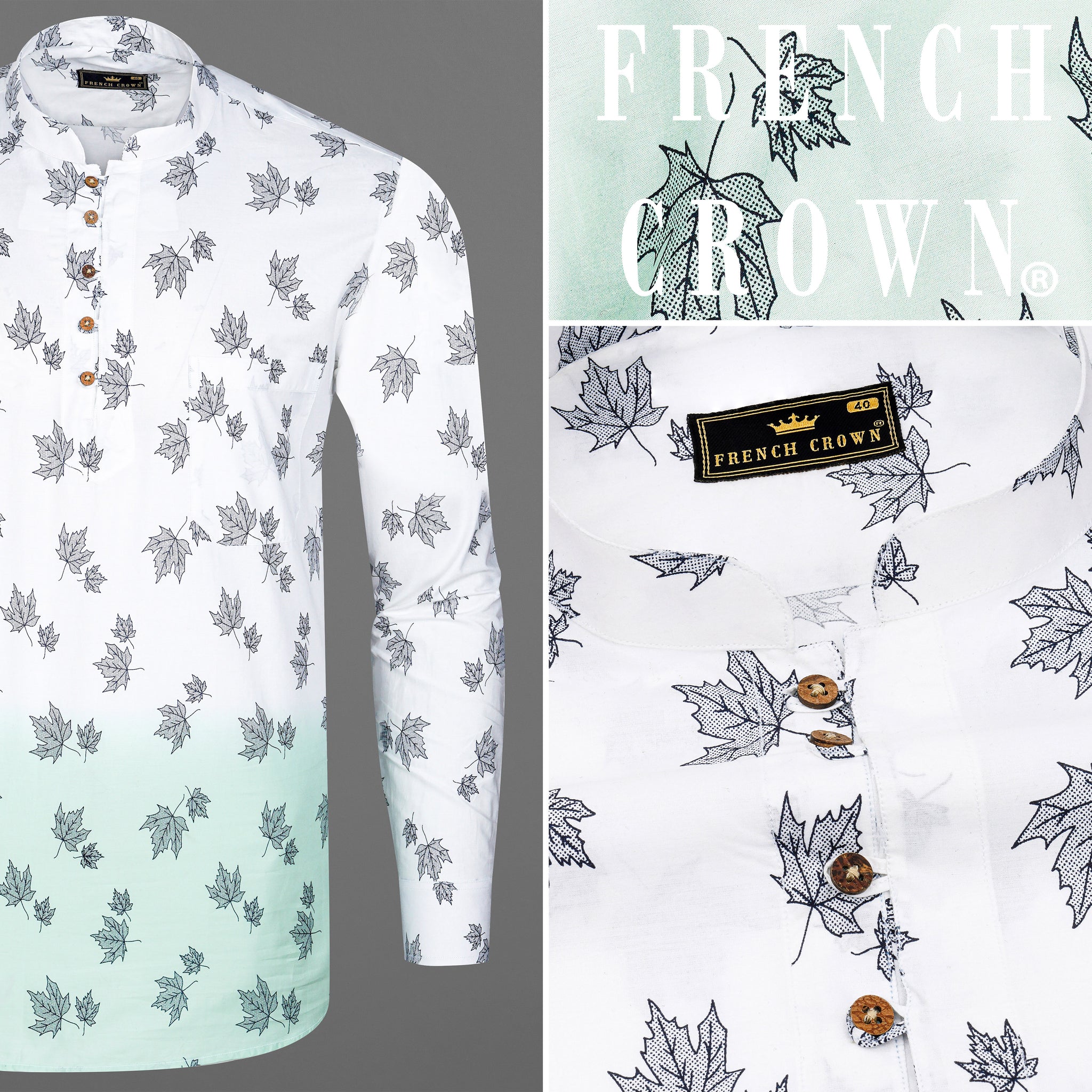 Bright White with Cruise Aqua Green Prints Premium Cotton Indian Kurta ...