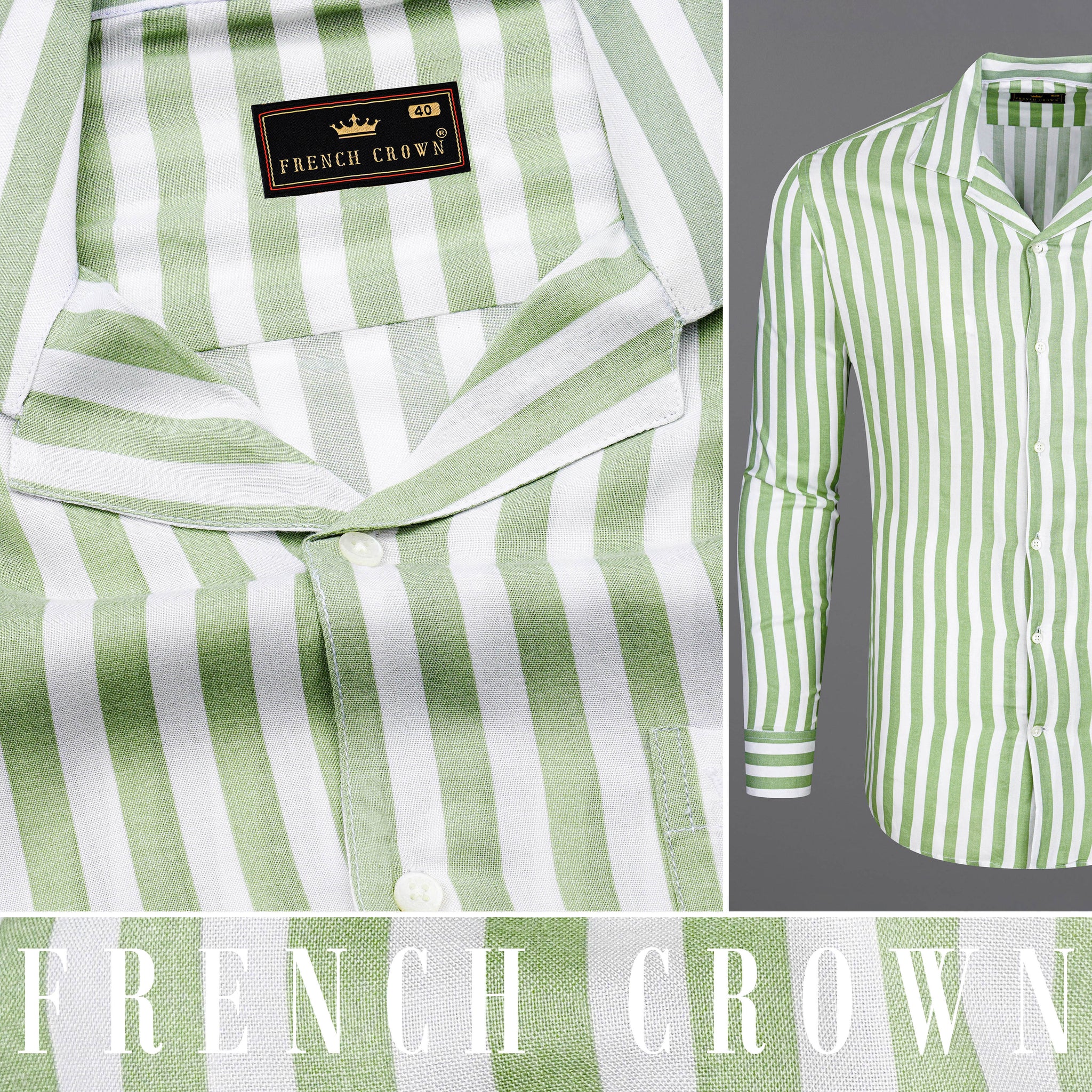 Bright White with Lichen Green Casual Stripes Premium Cotton Shirt For Men