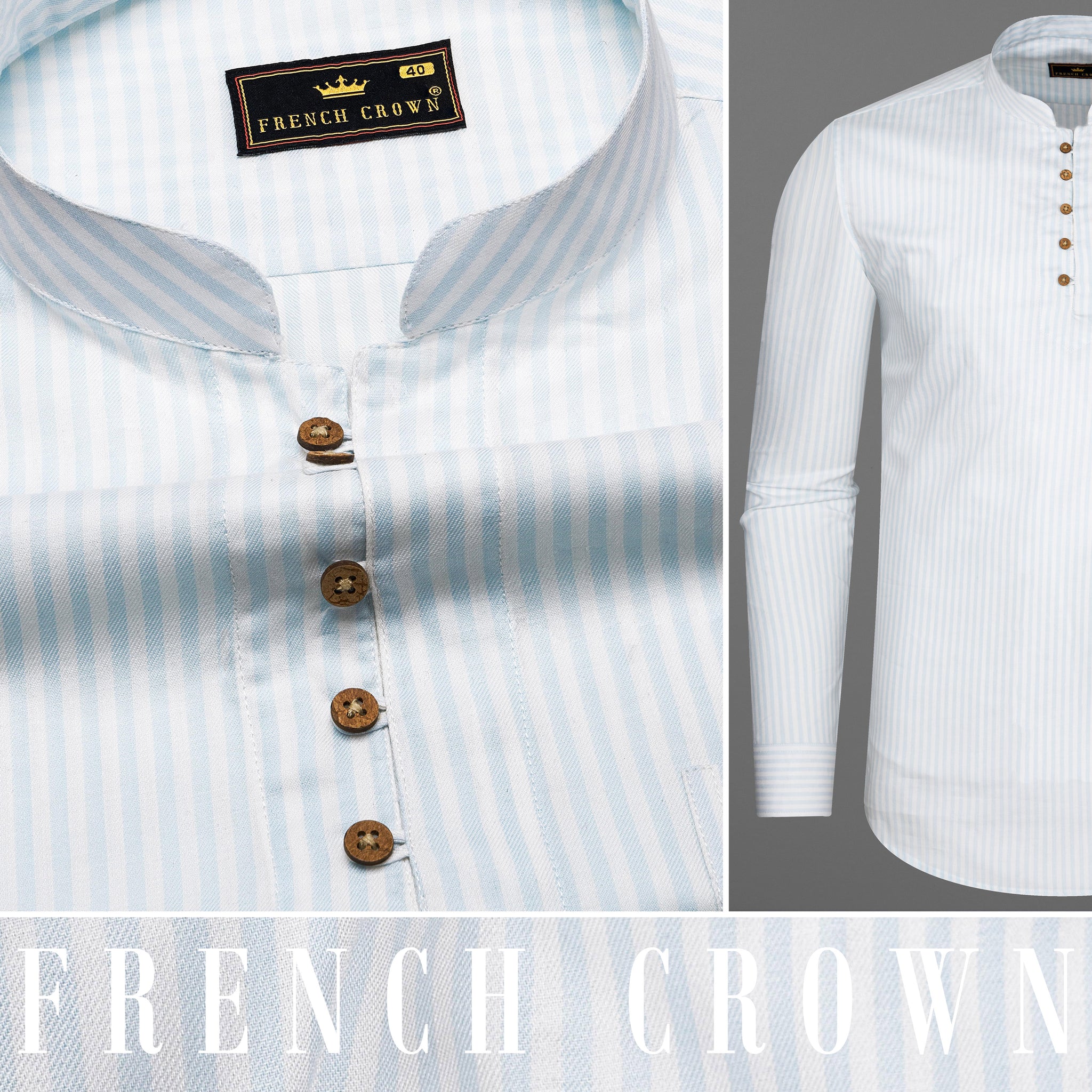 Bright White with Geyser Blue Casual Stripes Premium Cotton Indian ...