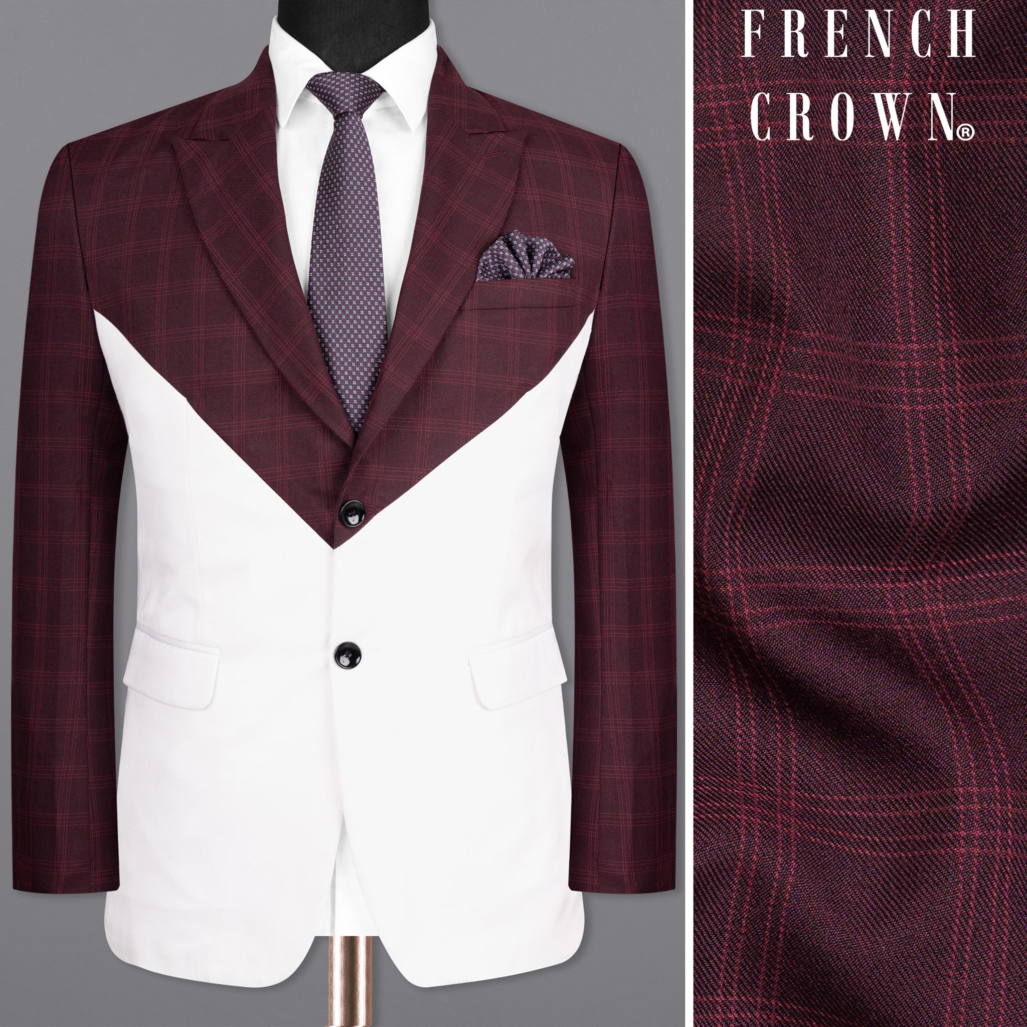 Half wine Checkered Checks-Plaid Single Breasted Premium Wool-Blend ...