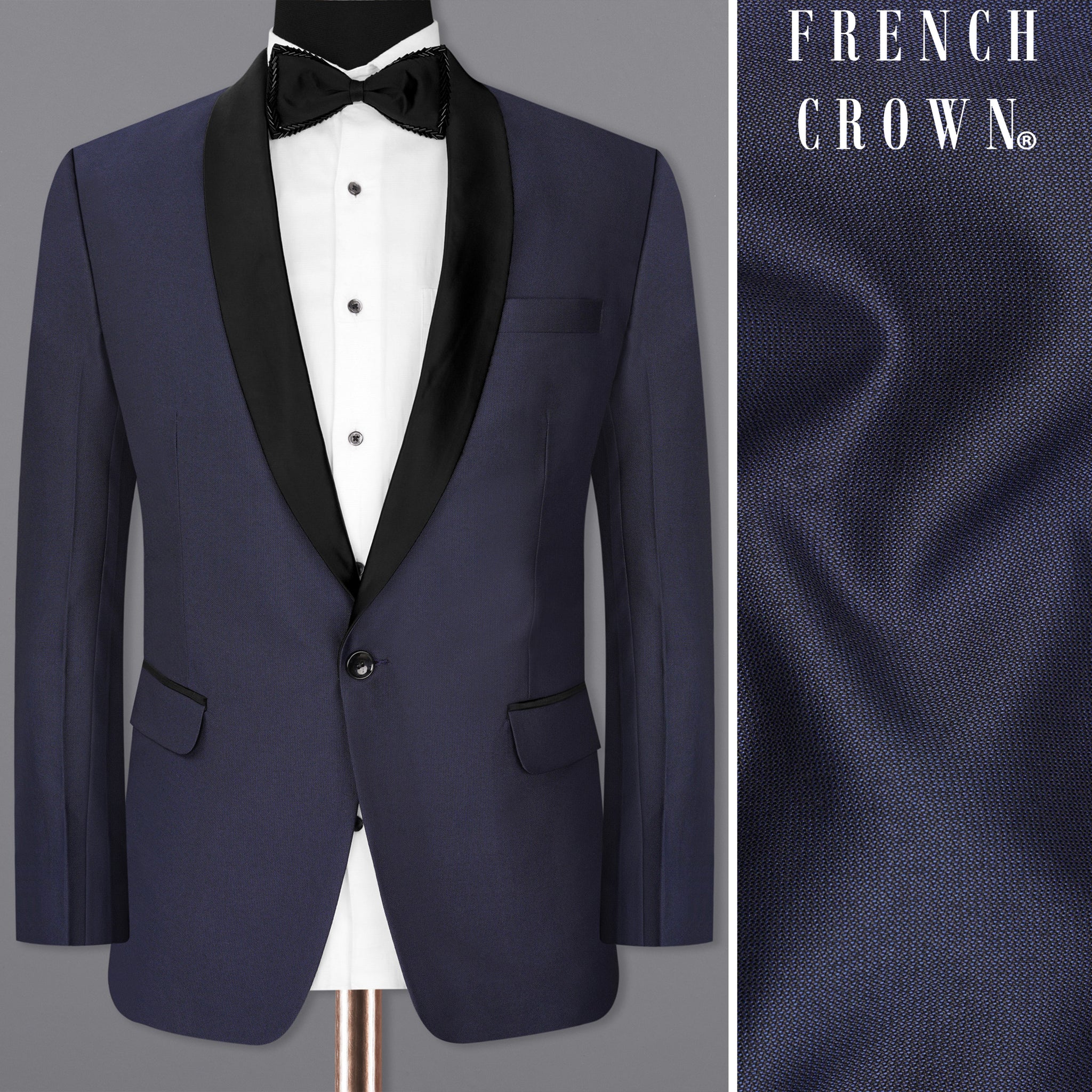 Gunmetal Blue Textured Premium Terry-Rayon Tuxedo Blazers for Men.