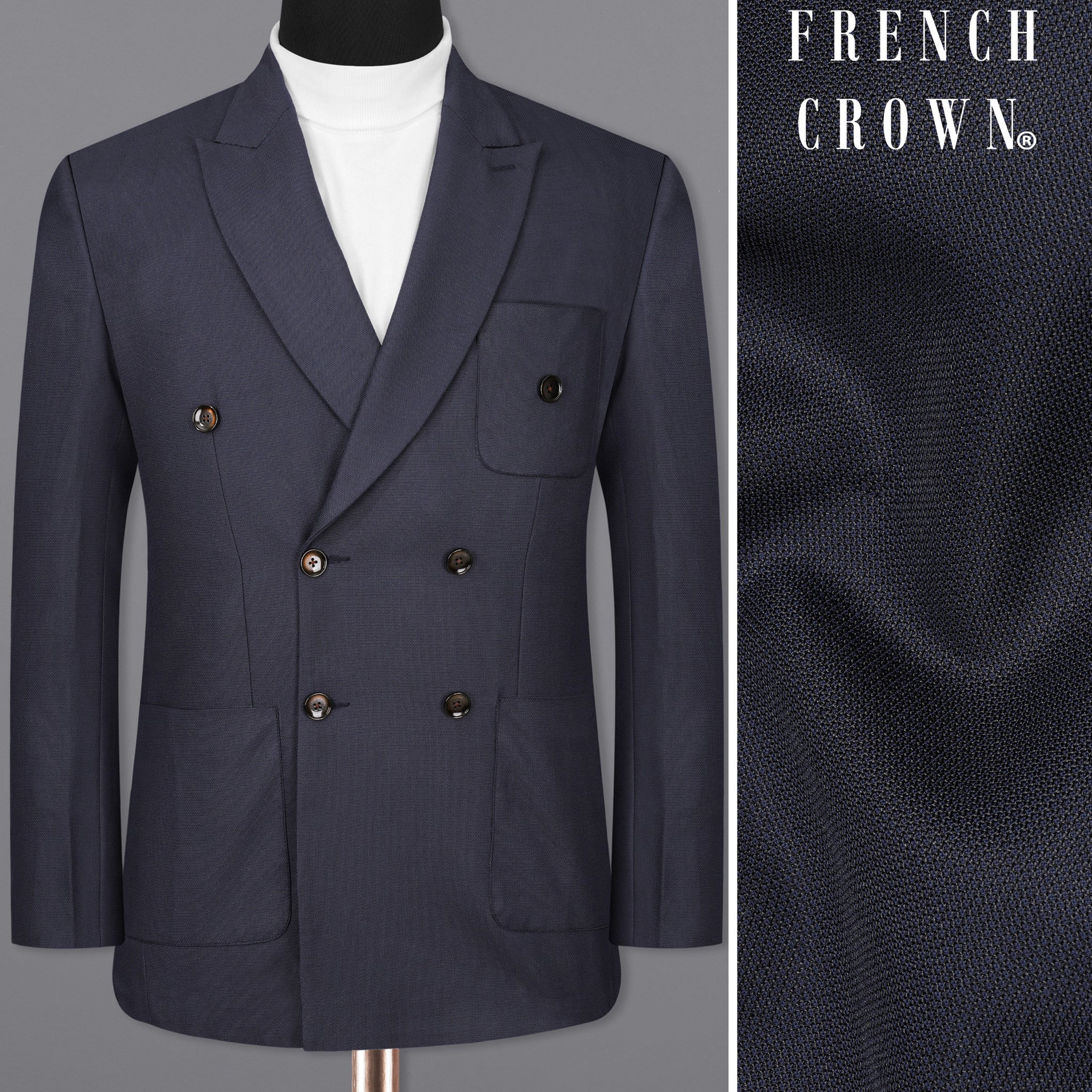 Bleached Cedar Navy Blue Textured Premium Terry Rayon Double-Breasted ...