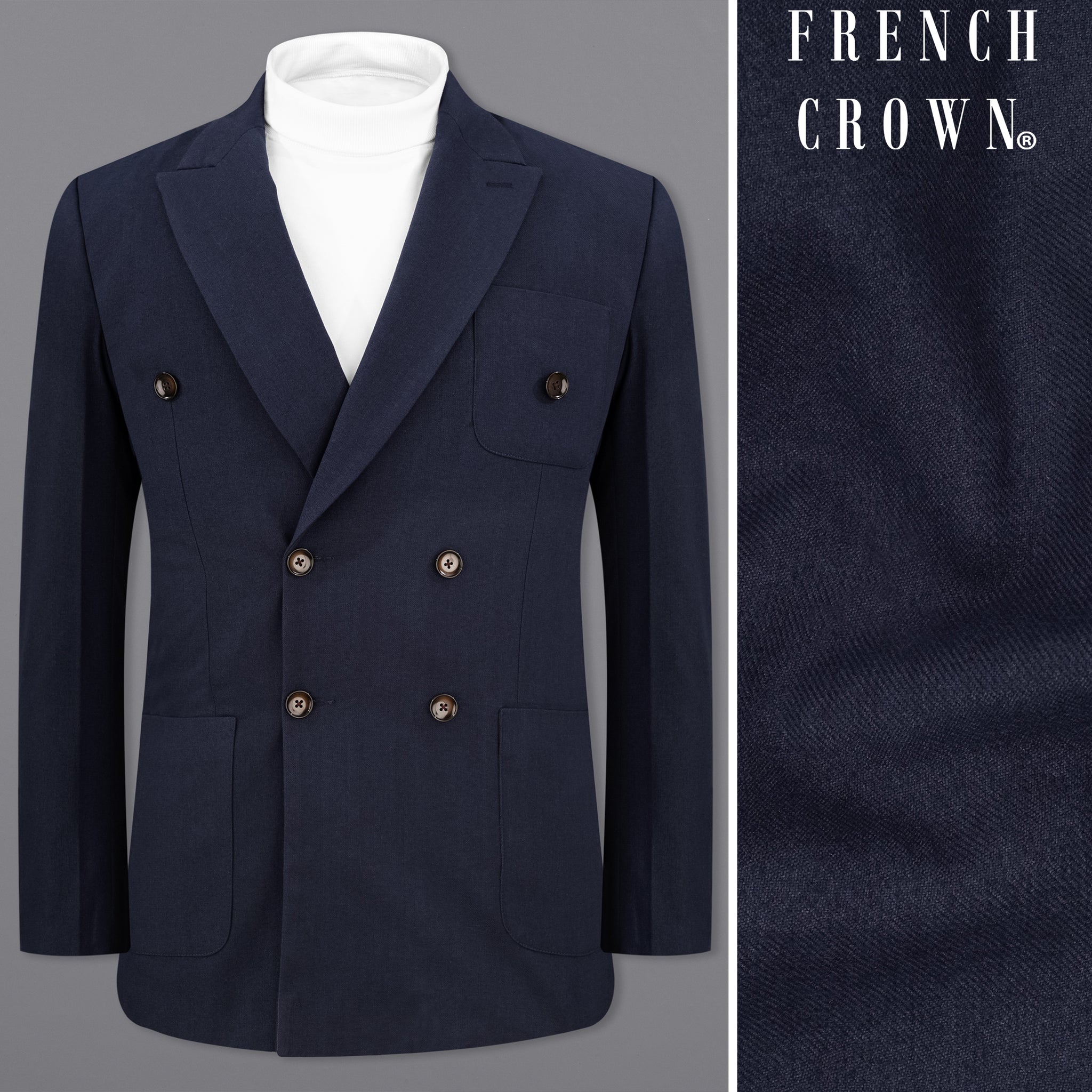 Baltic Navy Blue Plain-Solid Premium Wool-Blend Double-Breasted-Blazers ...