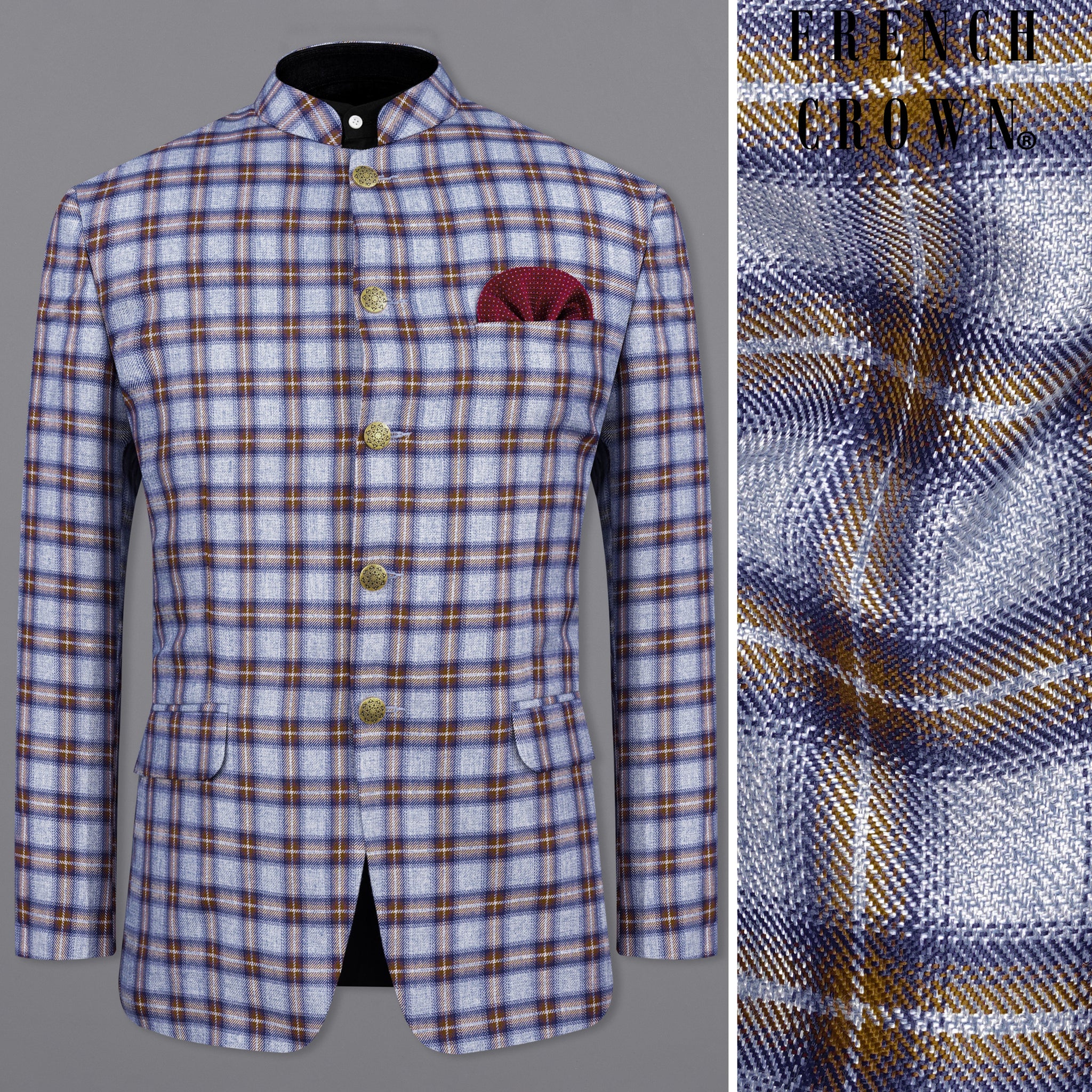 Chateau Blue with Cocoa Brown Checks-Plaid Premium Terry Rayon ...