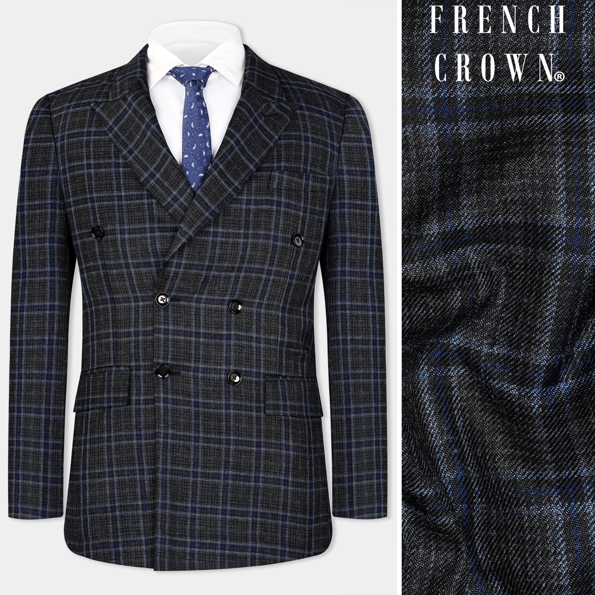 Bleached Black and Marine Blue Checks-Plaid Premium wool blend Double ...