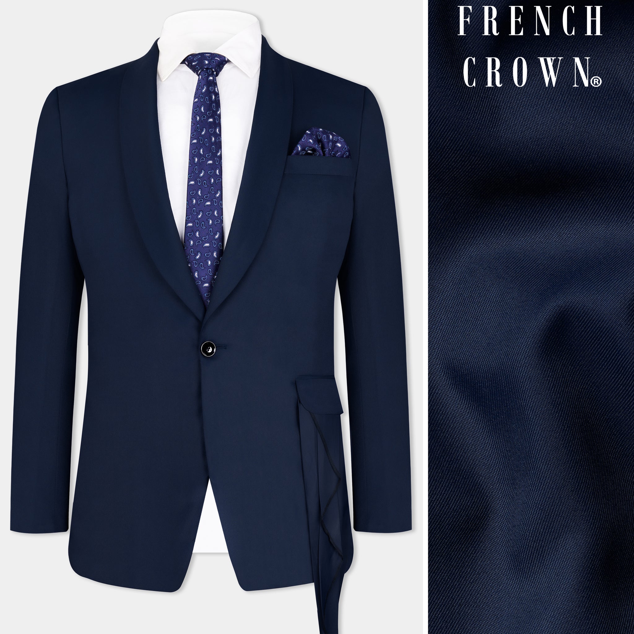 Space Cadet Blue Textured Premium Wool Blend Tuxedo-Blazer for Men.