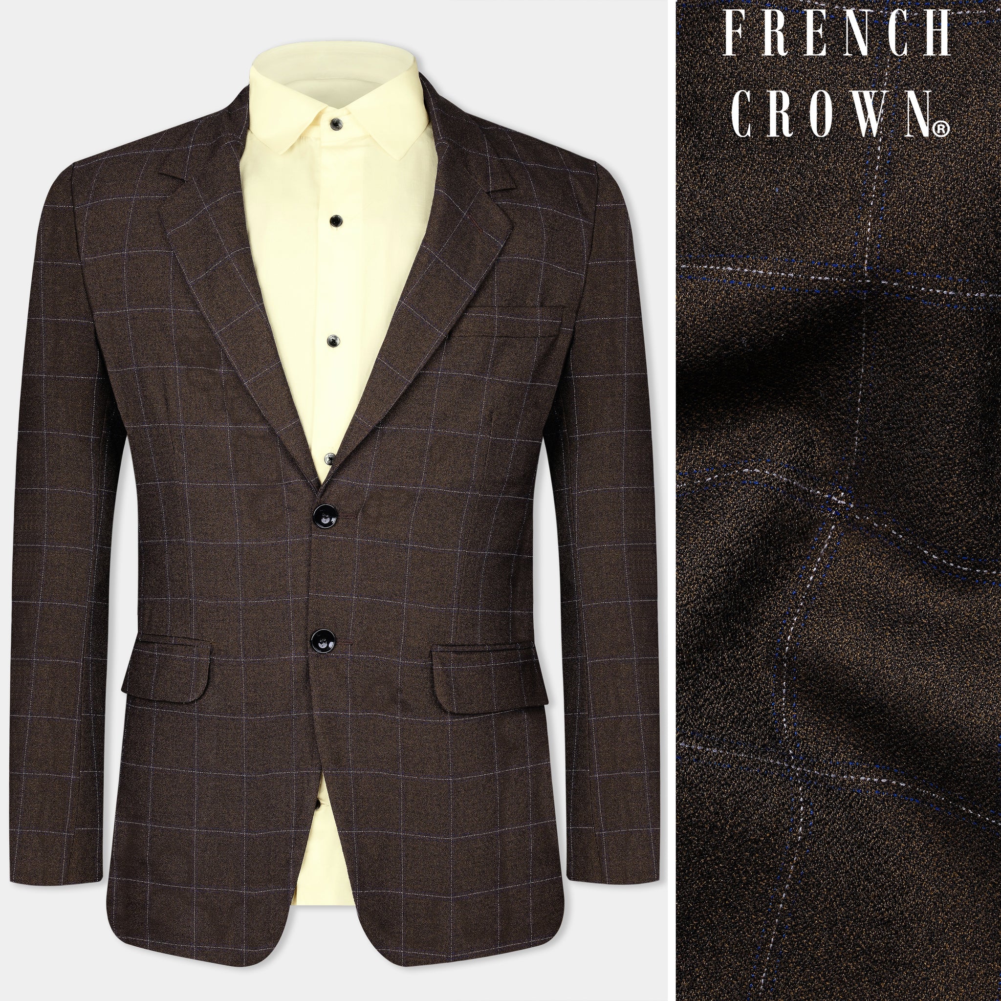 Chicory Brown Checks-Plaid Premium Wool-Blend Single Breasted Blazers ...