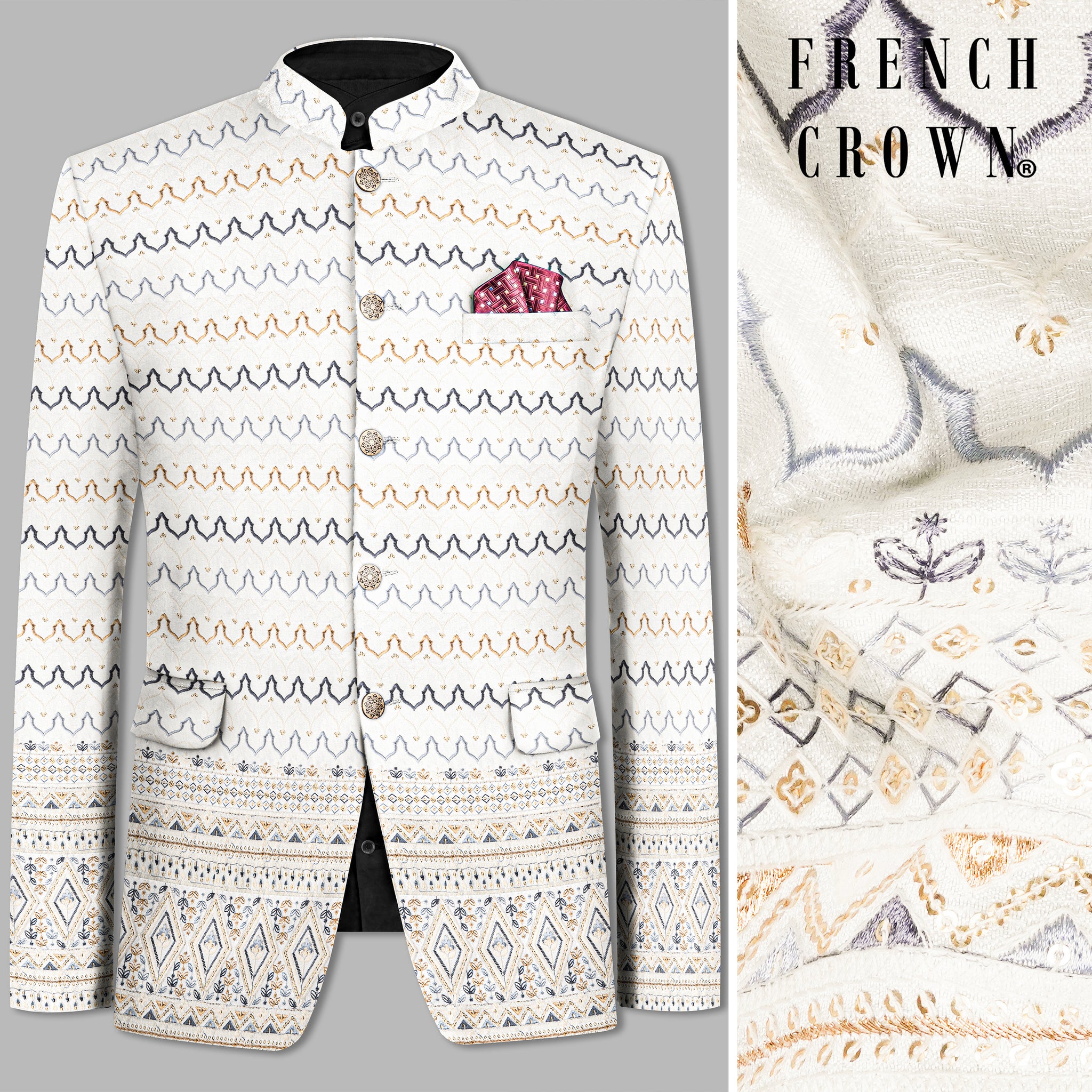 Bianca Cream and Casper Blue Textured Premium Polyester Bandhgala ...