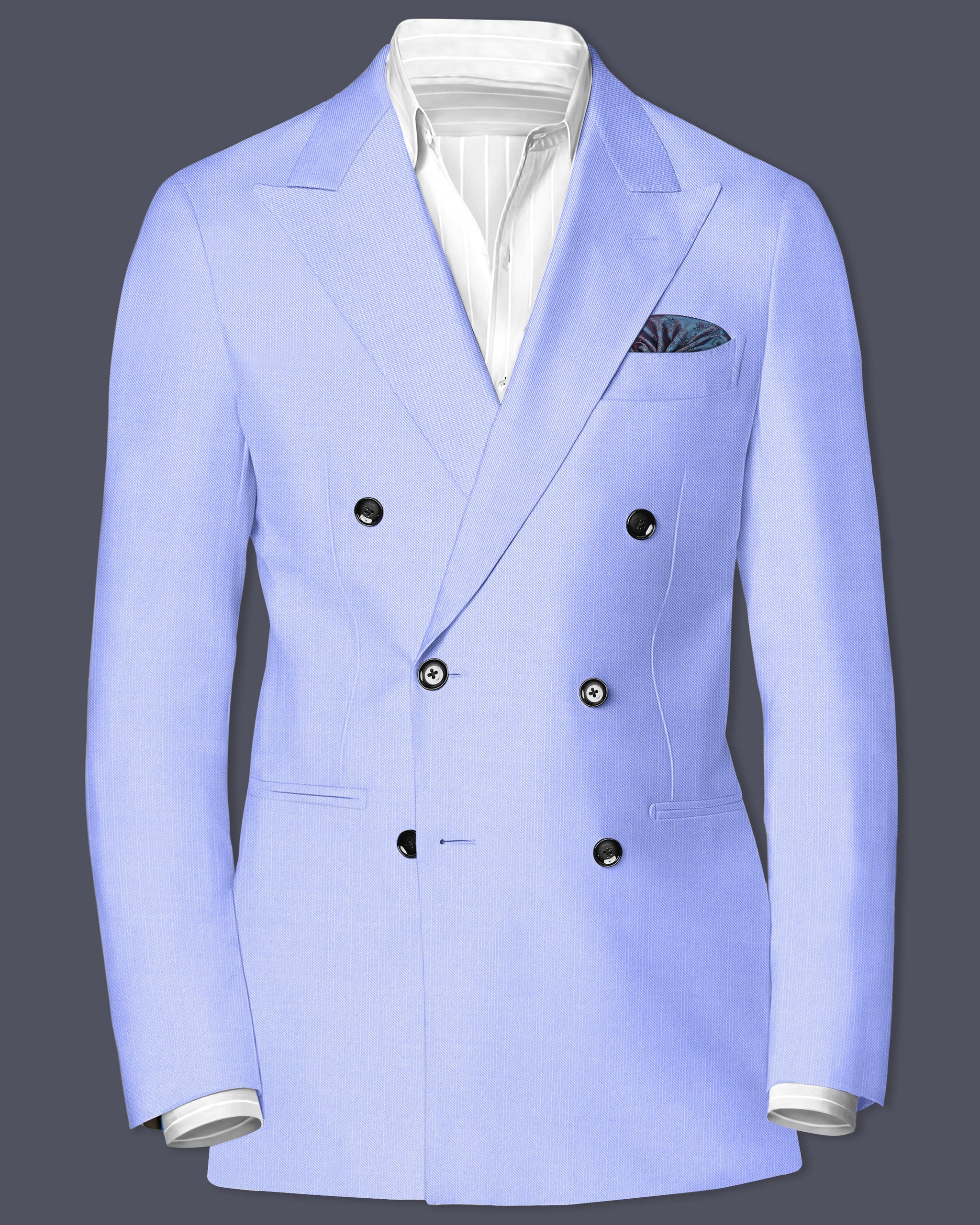 Periwinkle Blue Solid Premium Wool Rich Double Breasted Blazer For Men.