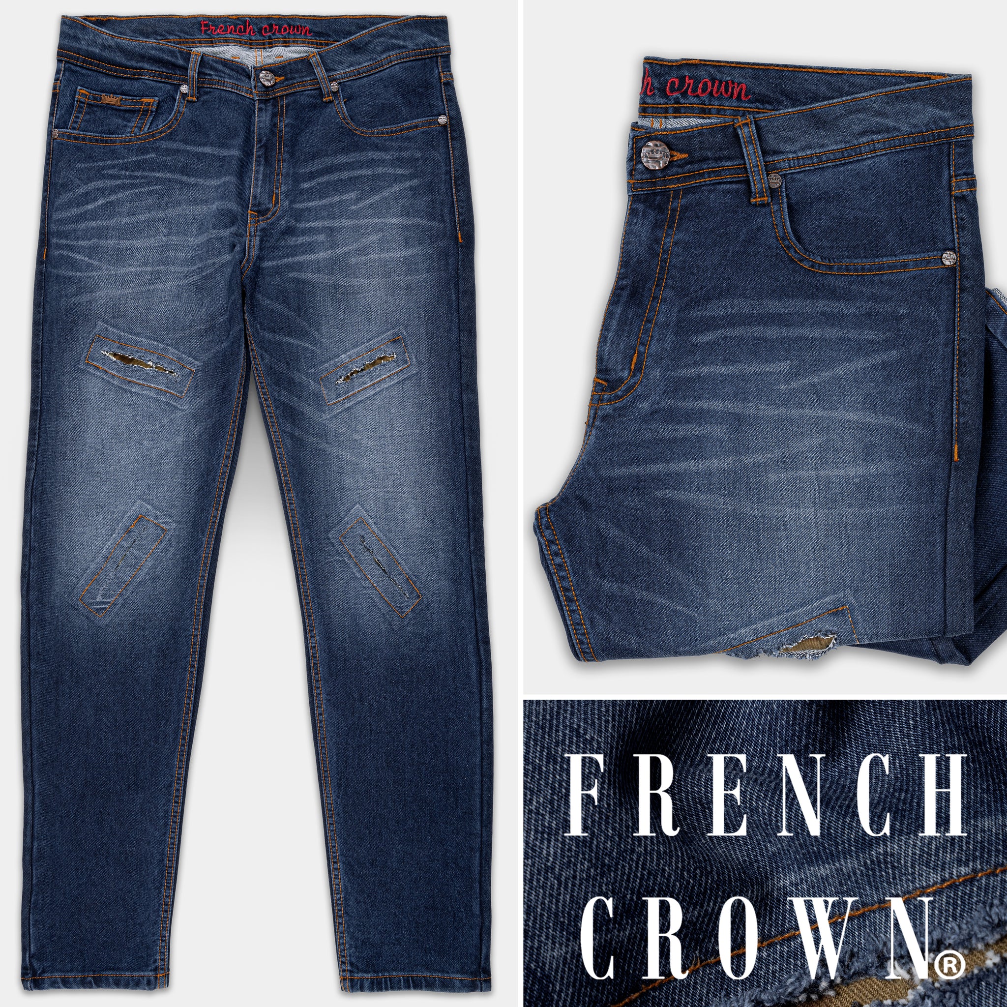 Tealish Blue Whiskering Slim Fit Mid-Rise Clean Look Denim Jeans