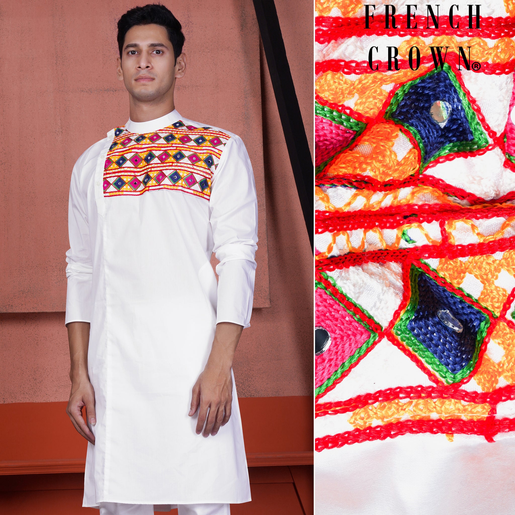 Bright White Multicolour Kutch Work Plain-Solid Premium Cotton Designer ...