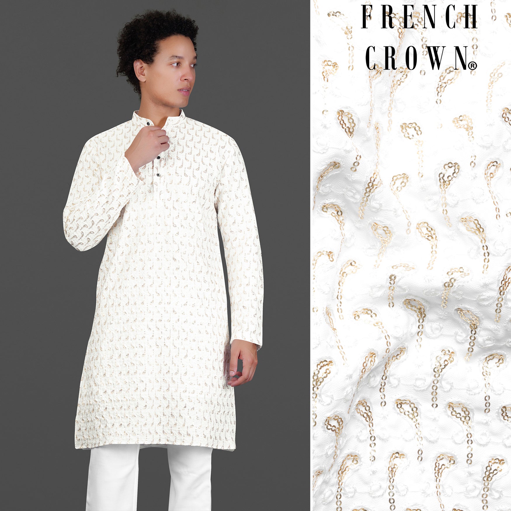 Bright White Textured Premium Poly-Viscose-Rayon Designer Kurta For Men