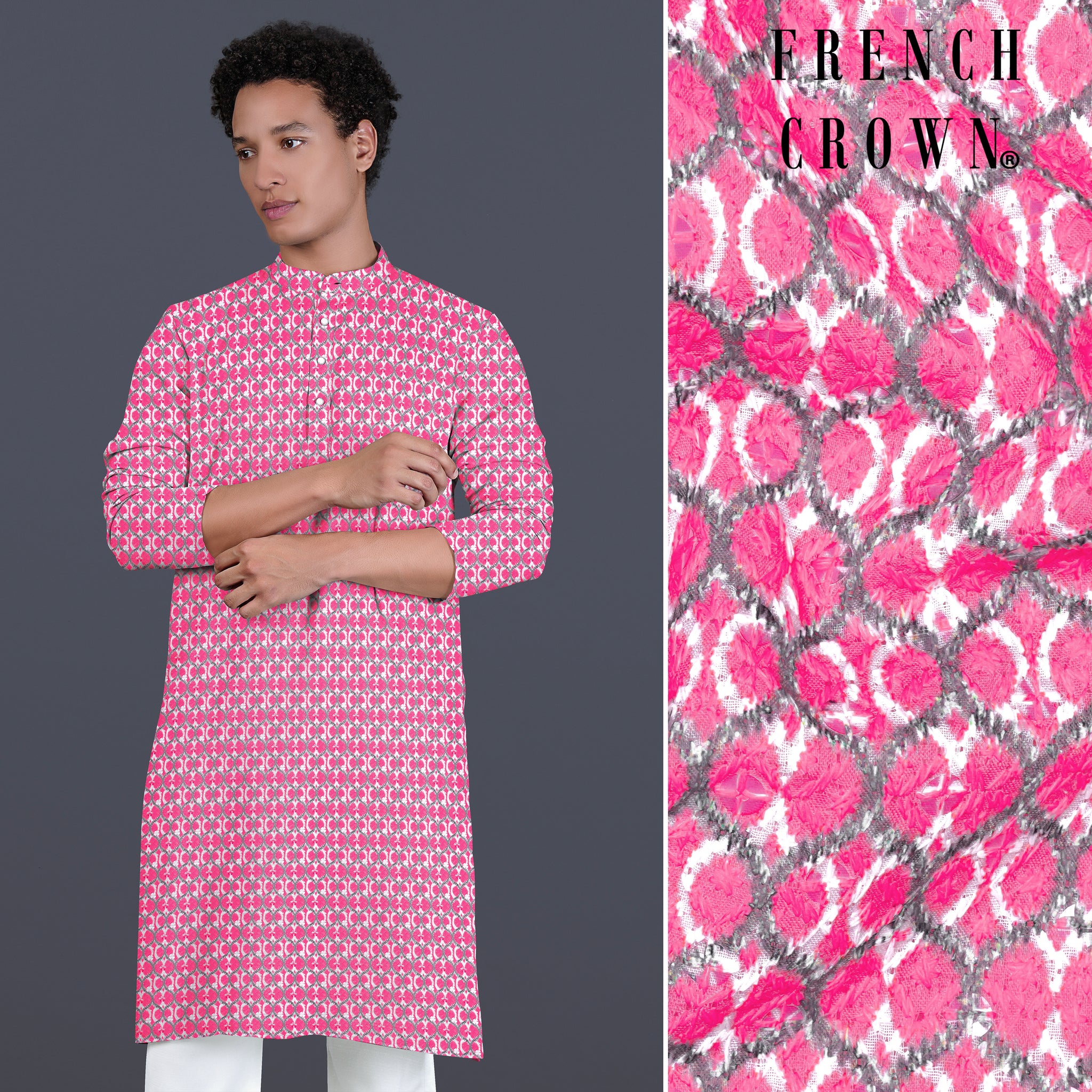 French Rose Pink And Bright White Designer Embroidered Textured Premium ...