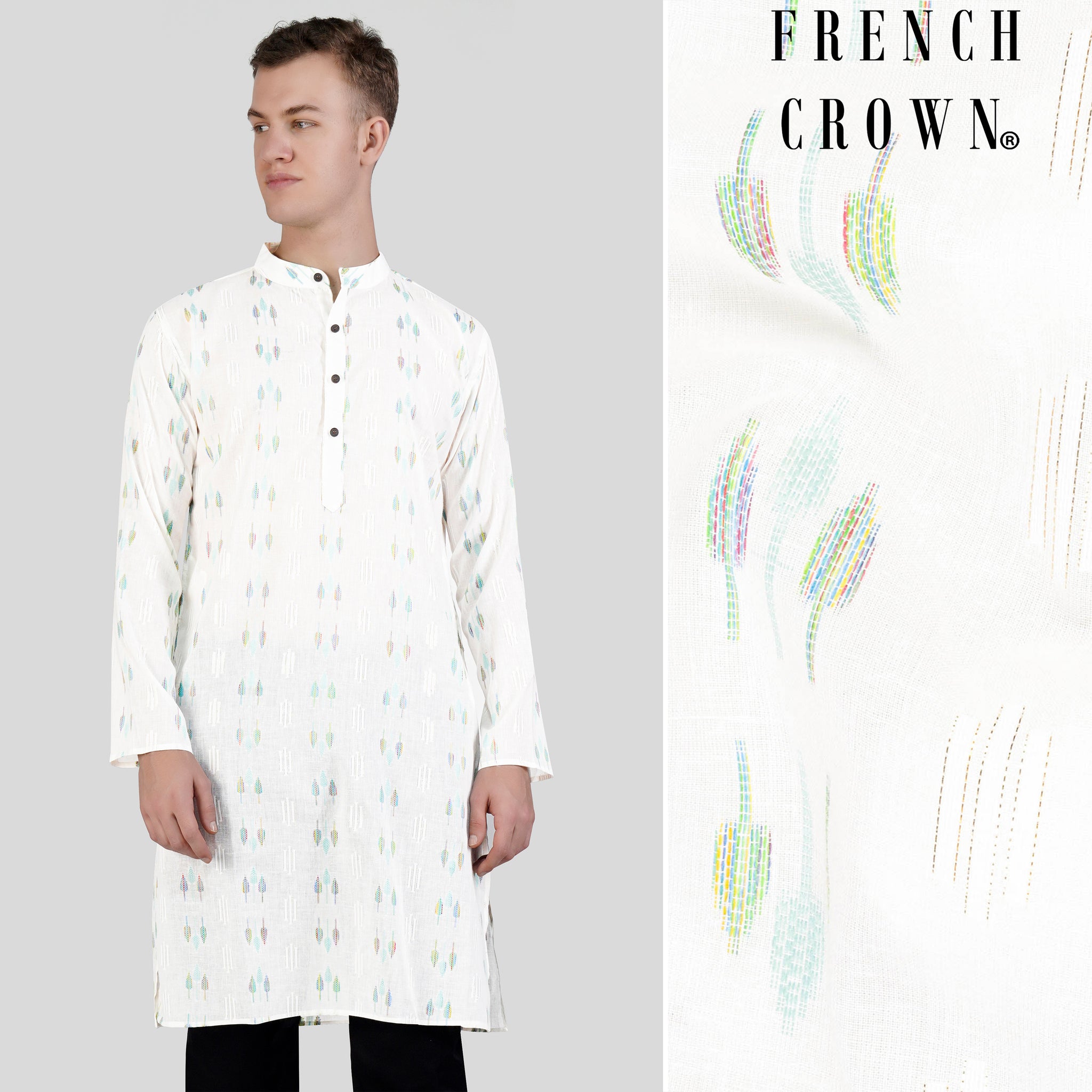 Bright White with colorful Leaves Textured Premium Cotton Designer ...