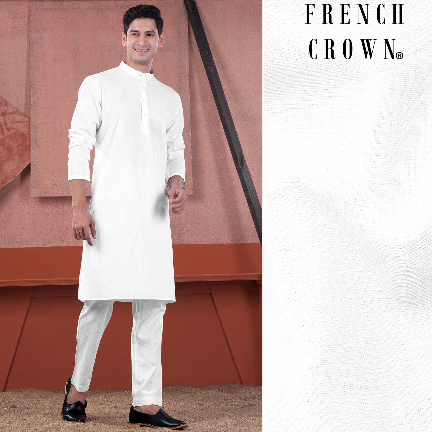 Bright White Textured Premium Linen Designer Kurta Set For Men