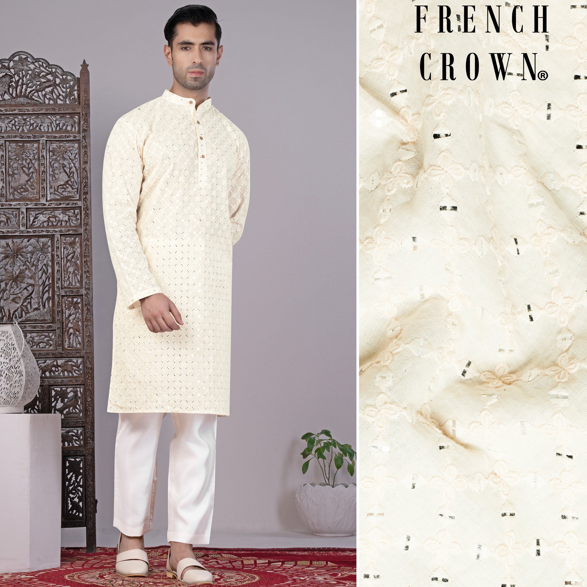 Bright White Geometric Thread and Sequin Embroidered Textured Premium ...
