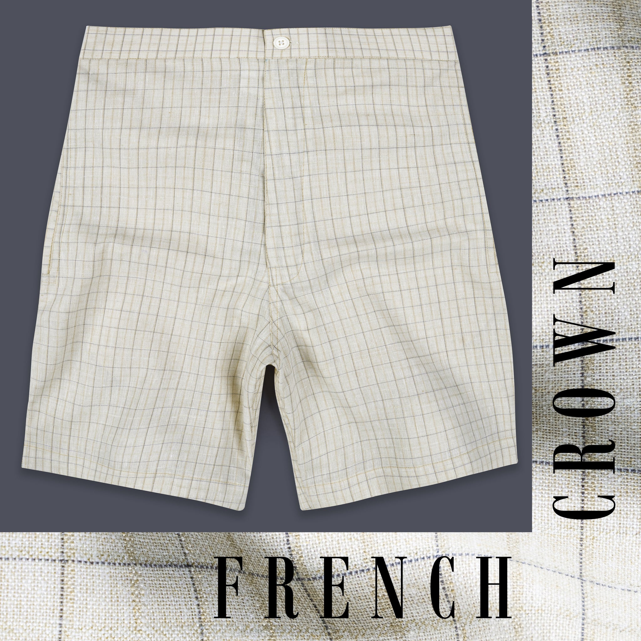 Celeste Cream Checks-Plaid Premium linen Shorts For Men