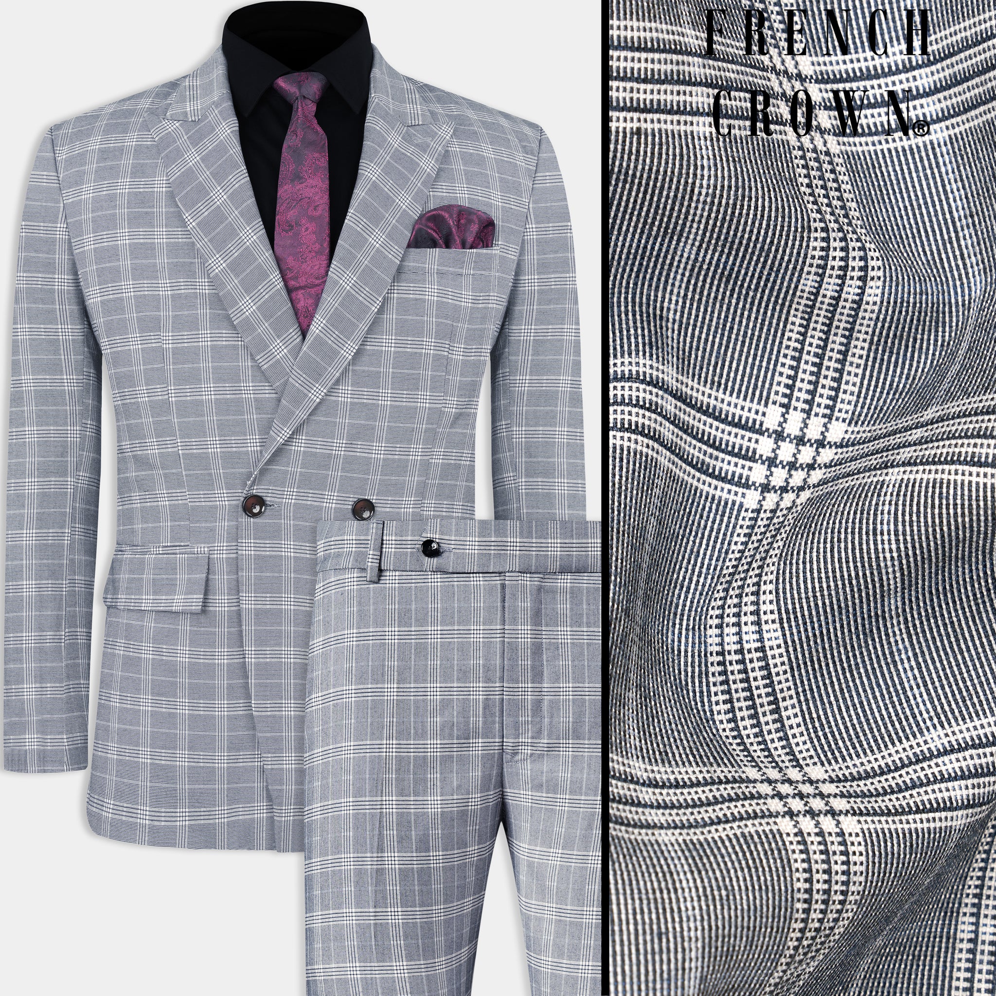 Monsoon Gray Checks-Plaid Premium Terry-Rayon Double Breasted Suit For Men.