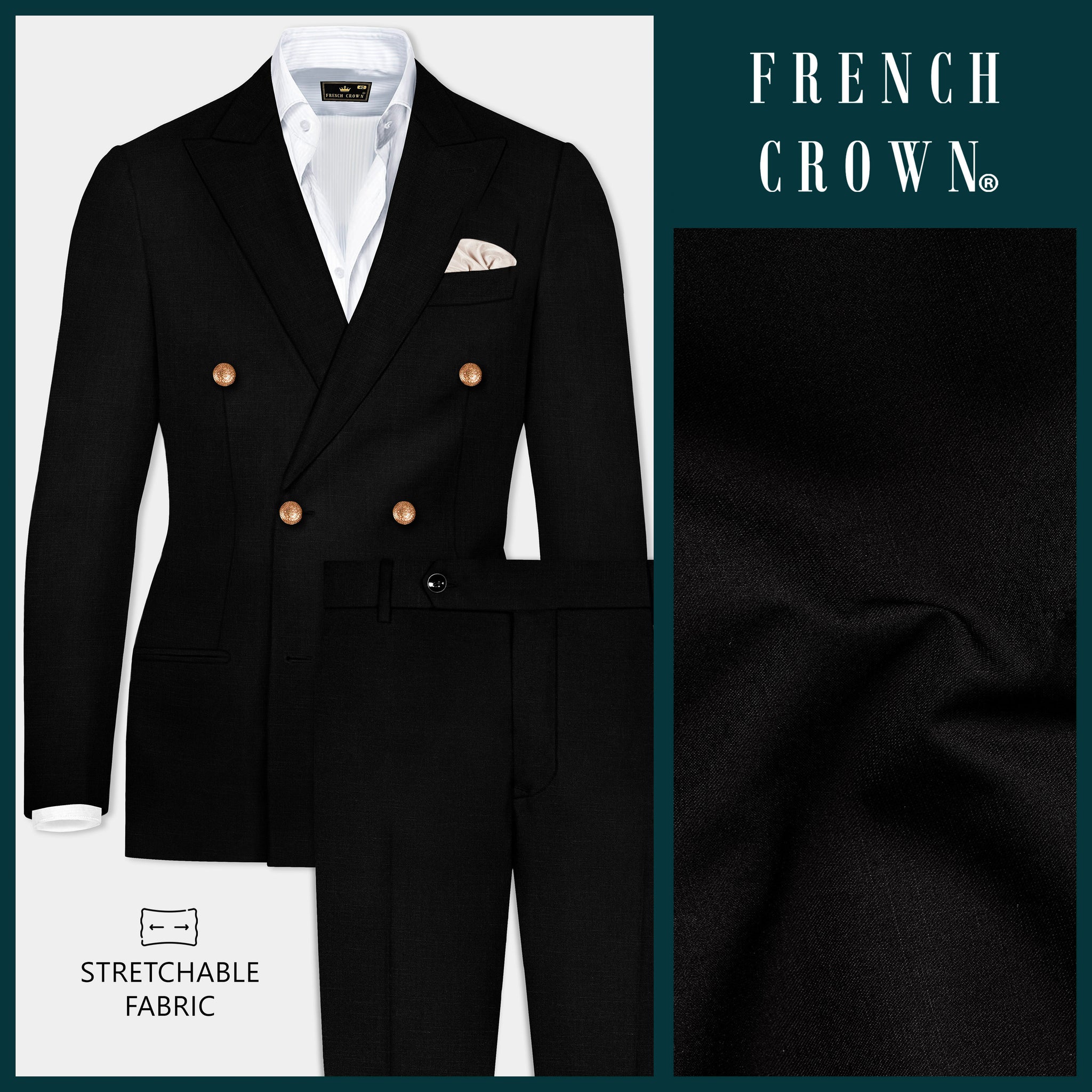 Jade Black Plain-Solid Double Breasted Premium Wool-Blend Suits For Men