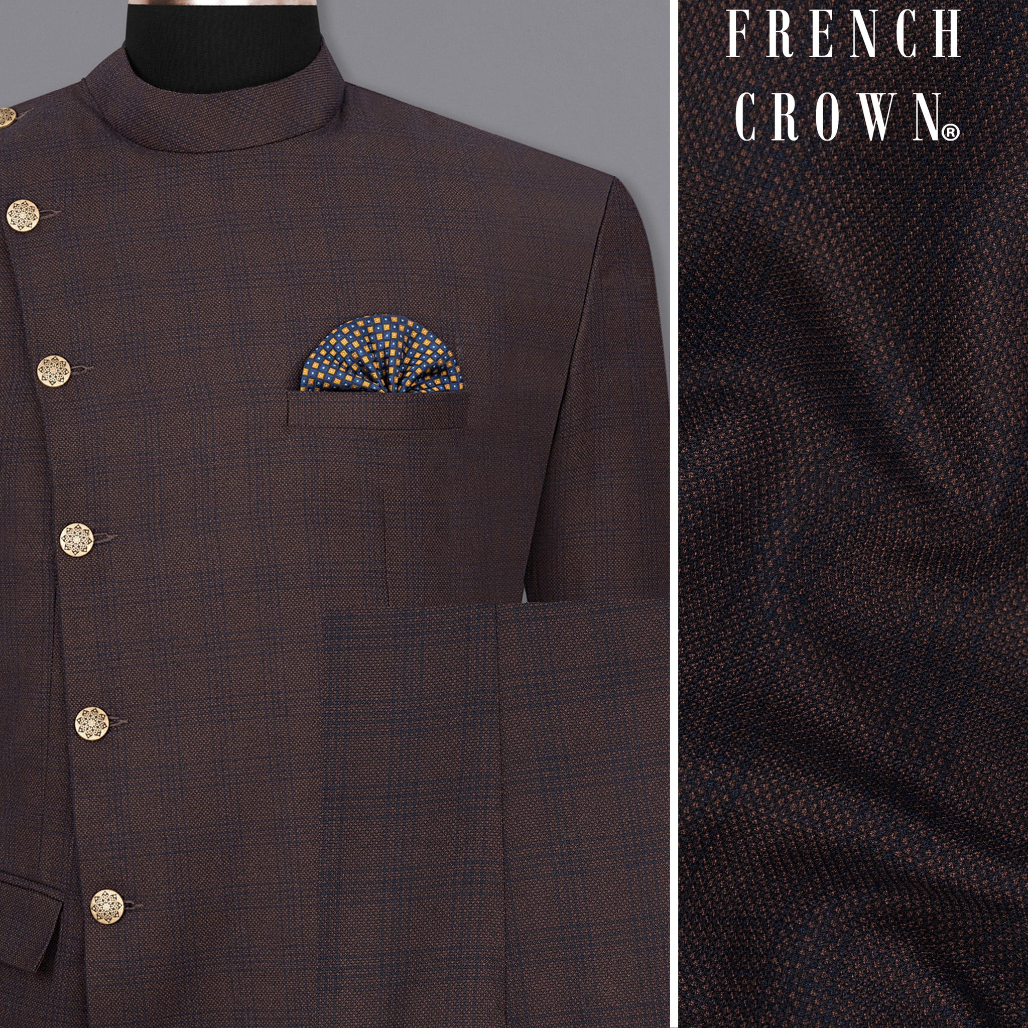 Thunder Brown Checks-Plaid Premium Wool Blend Bandhgala/Jodhpuri Suits ...