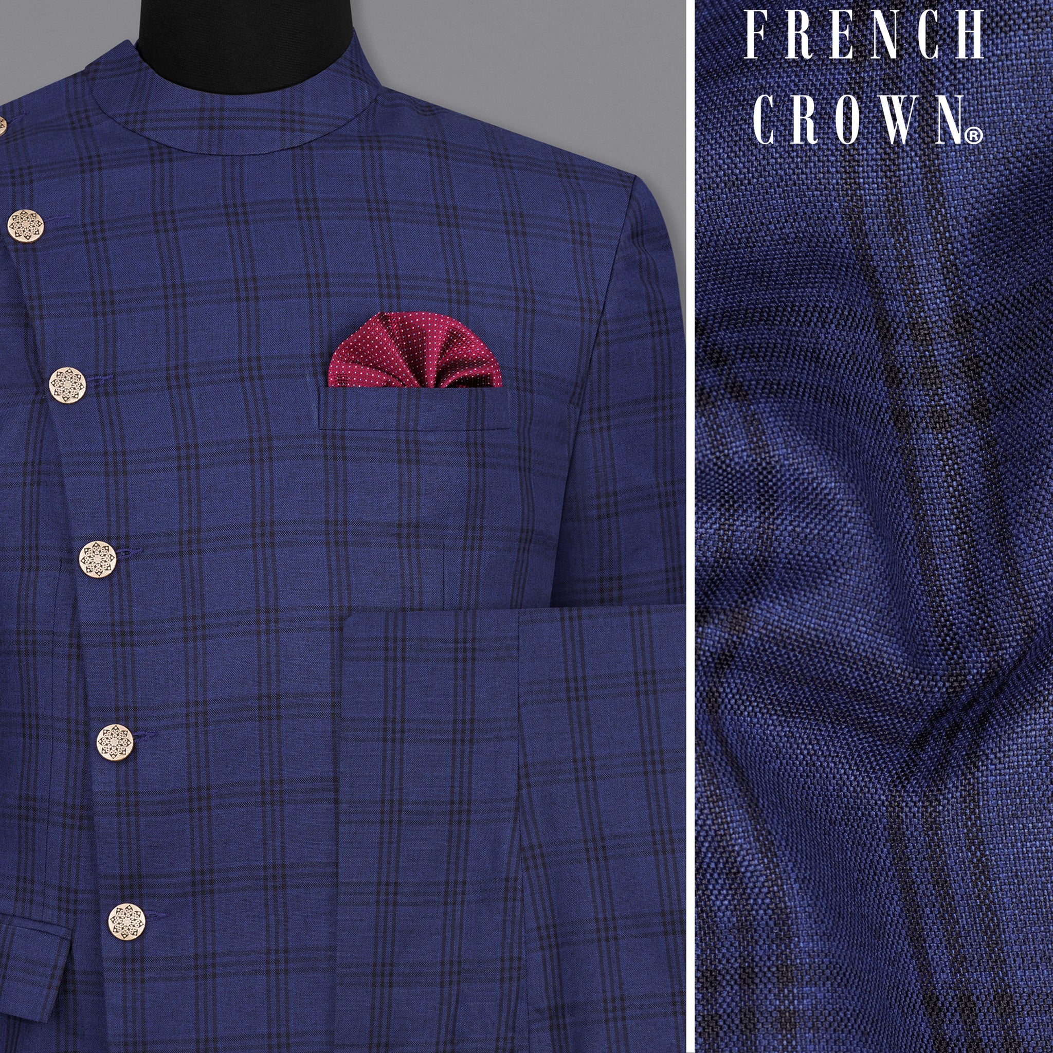 Cloud Burst Blue With Black Checks-Plaid Premium Terry Rayon Bandhgala ...
