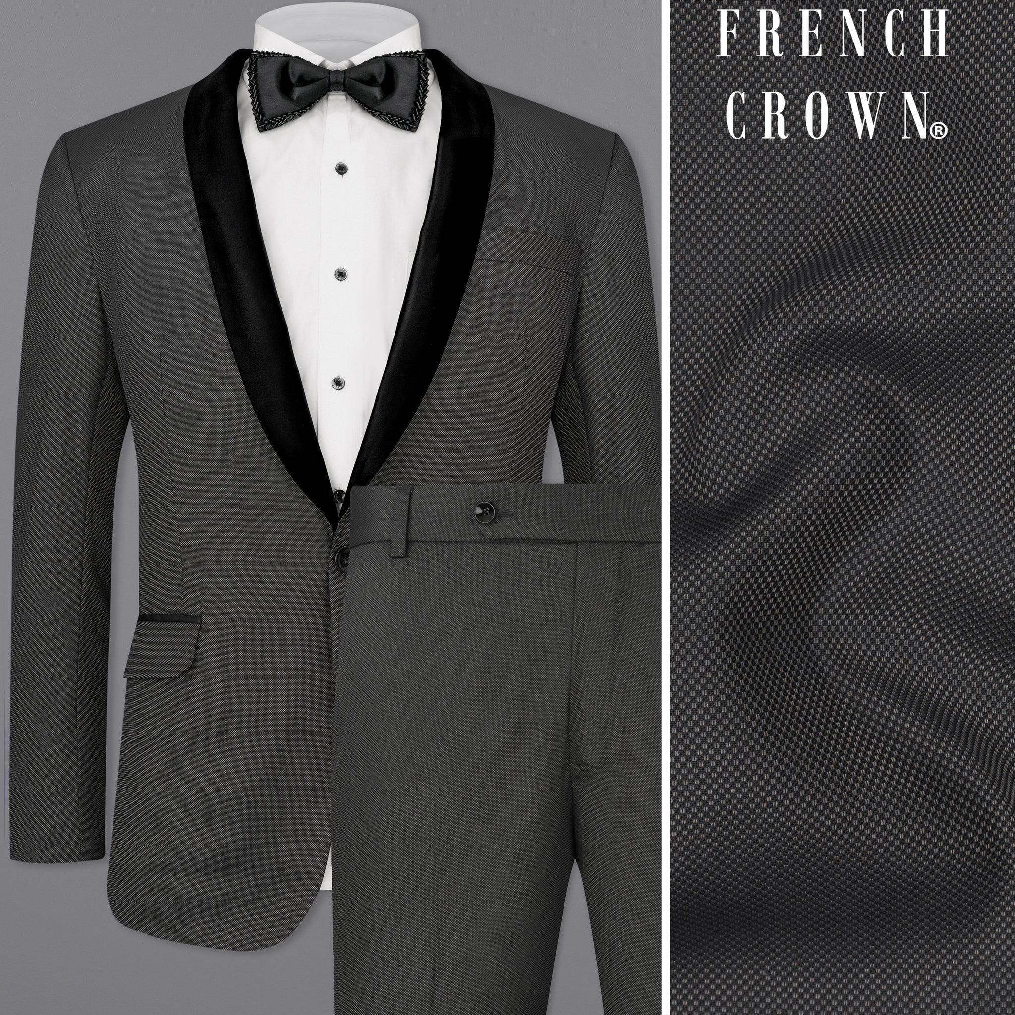 Fuscous Grey Textured Premium Terry-Rayon Tuxedo-Suit for Men.