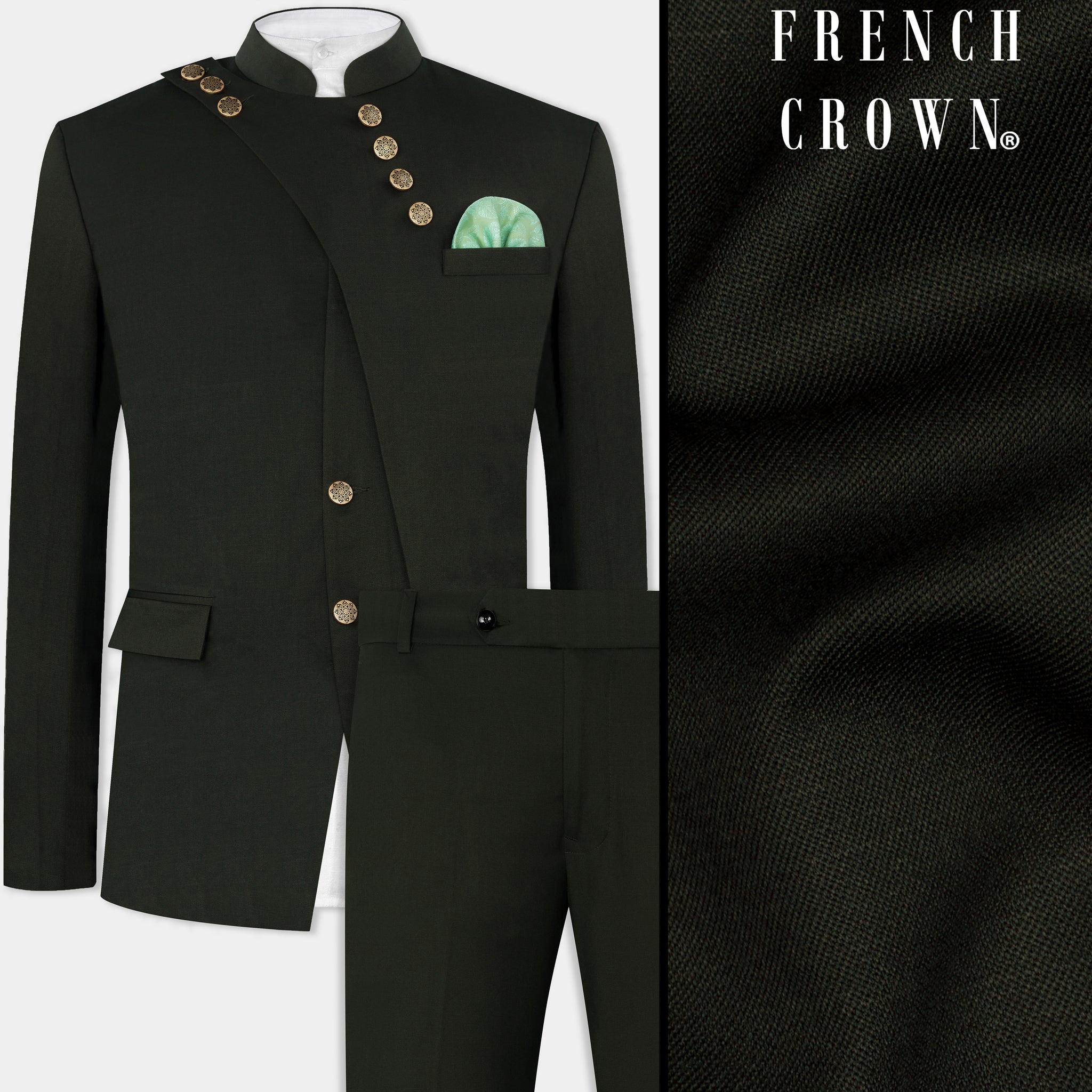 Rangoon Green Textured Premium Wool-Blend Bandhgala/Jodhpuri Suits for Men.