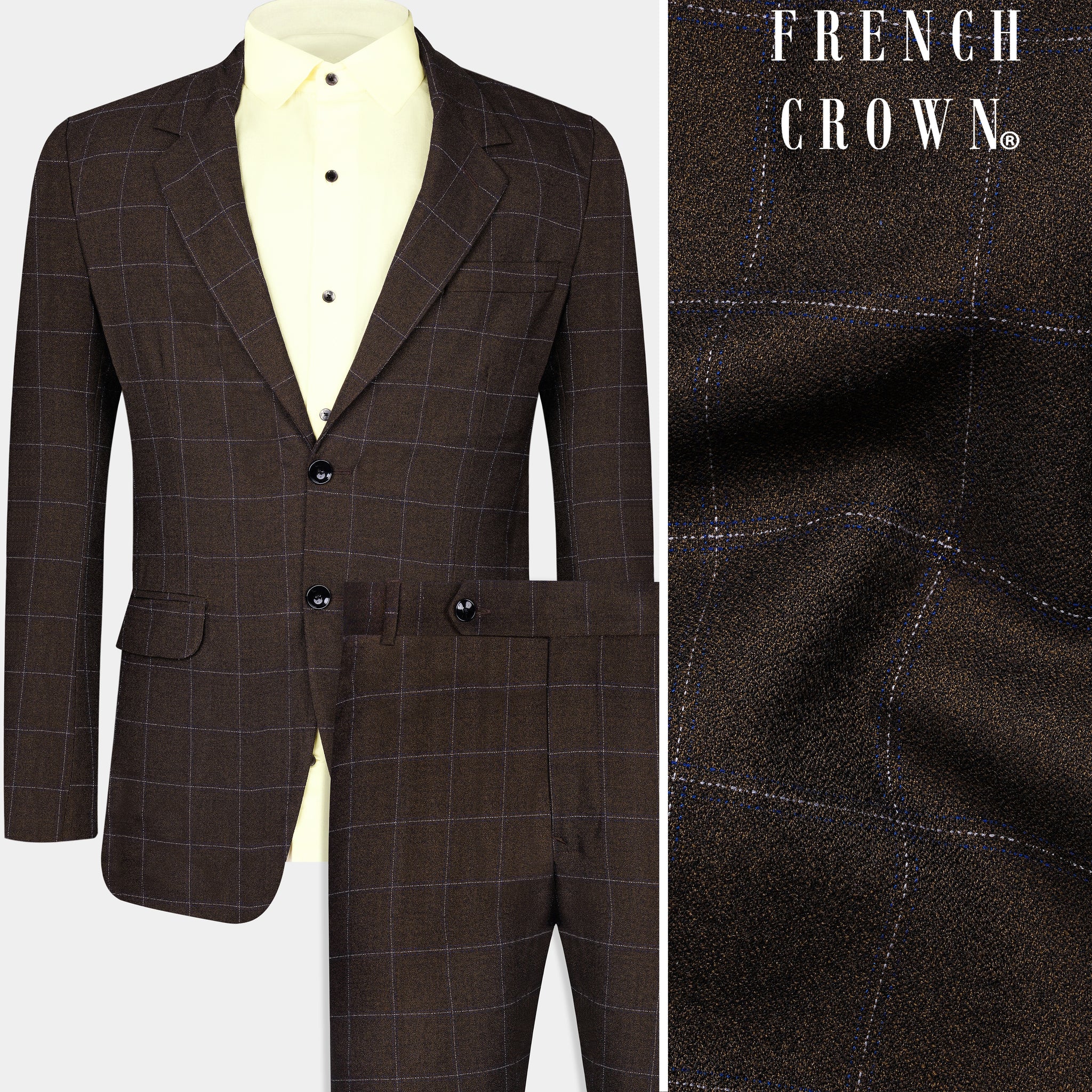 Chicory Brown Checks-Plaid Premium Wool-Blend Single Breasted Suits for ...