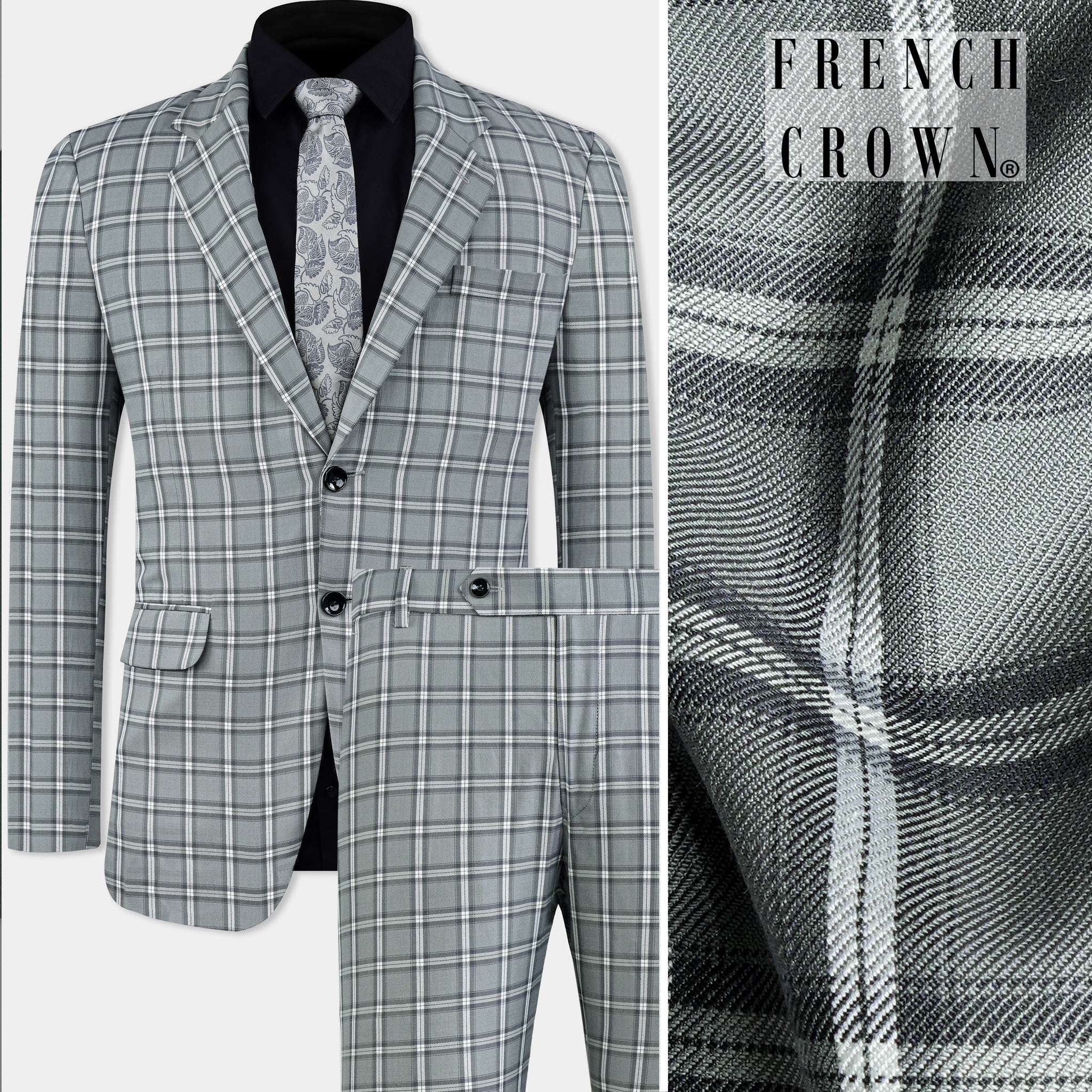 Pewter Gray and White Checks-Plaid Premium Wool Blend Single Breasted ...