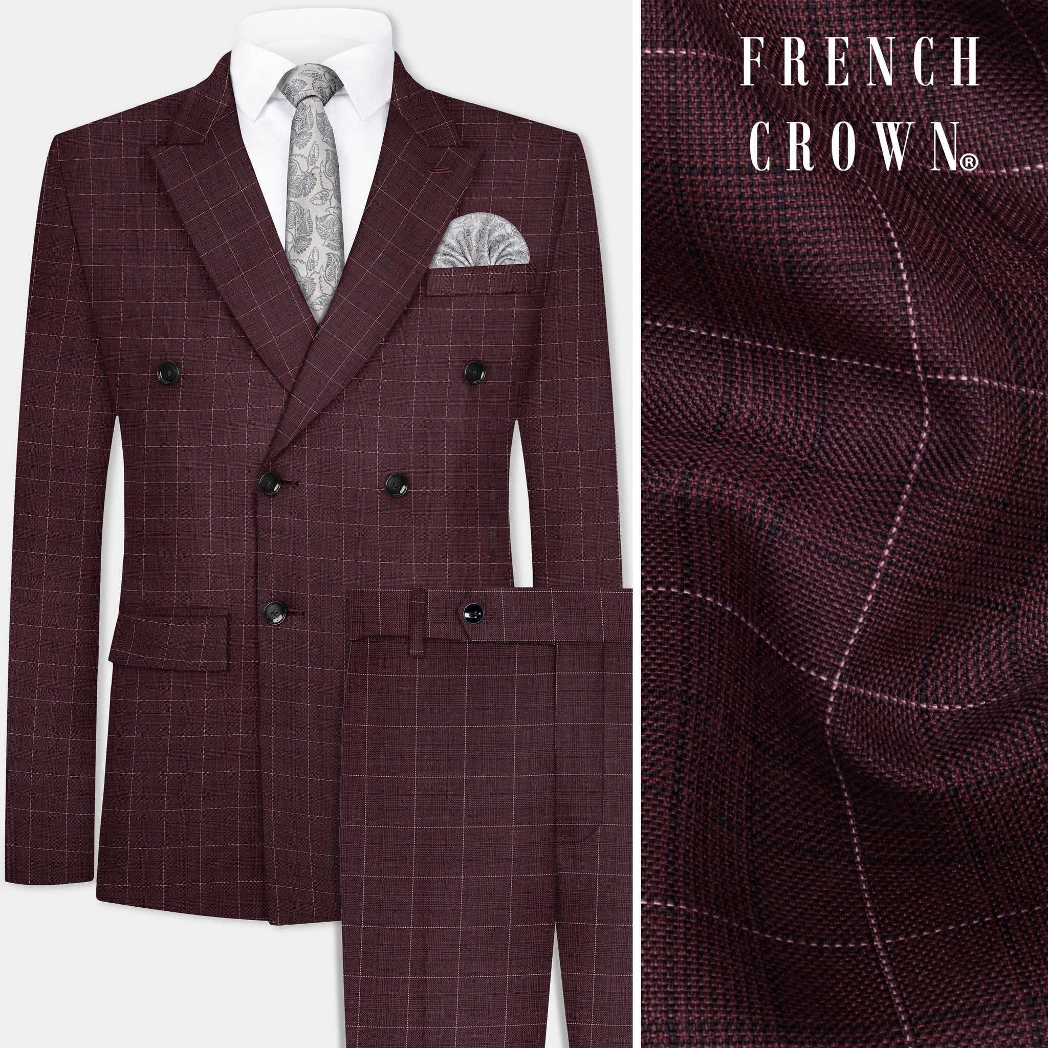 Iroko Maroon Checks Plaid Premium Wool Blend Double Breasted Suit For Men.