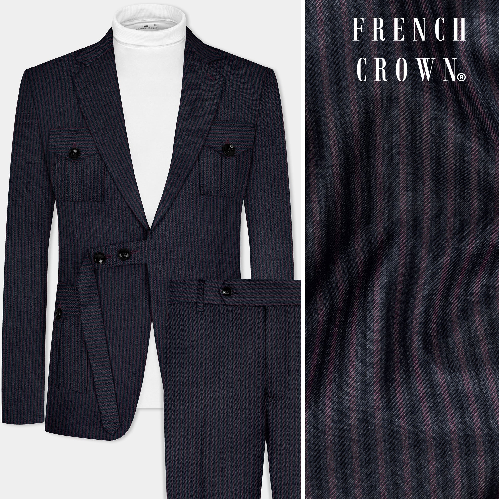 Ebony Clay Blue with Wine Berry Stripes Premium Wool Blend Single ...