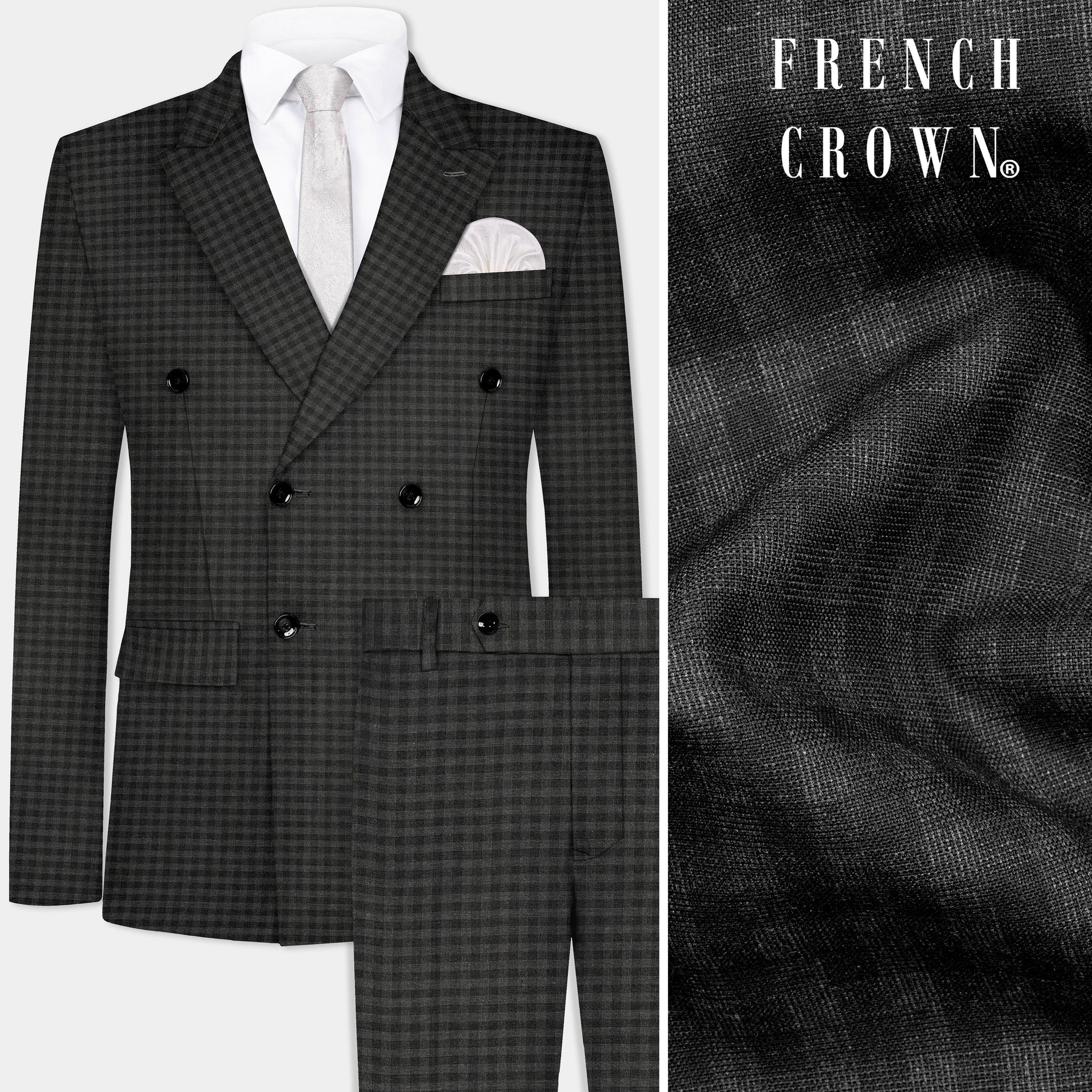 Piano Gray Checks Plaid Premium Wool Blend Double Breasted Suit For Men.