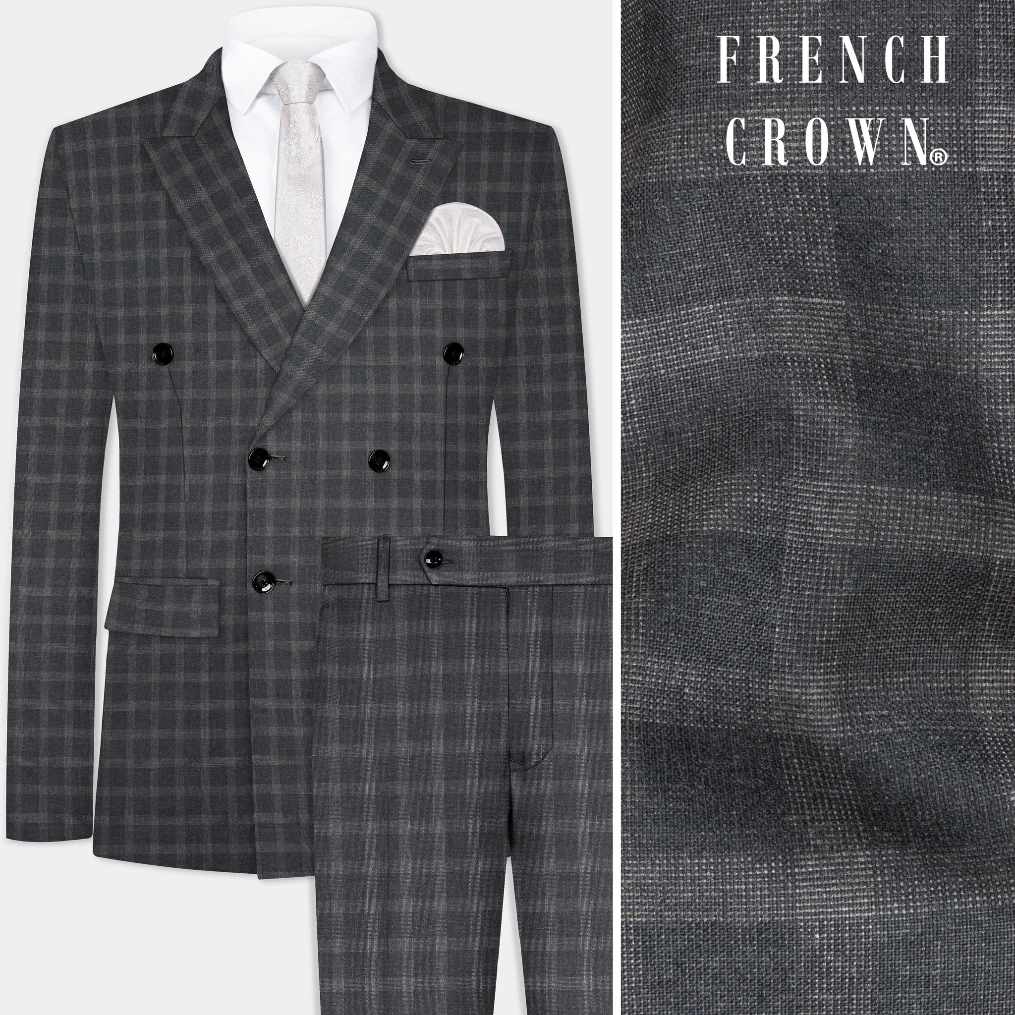 Gravel Gray Checks Plaid Premium Wool Blend Double Breasted Suit For Men.