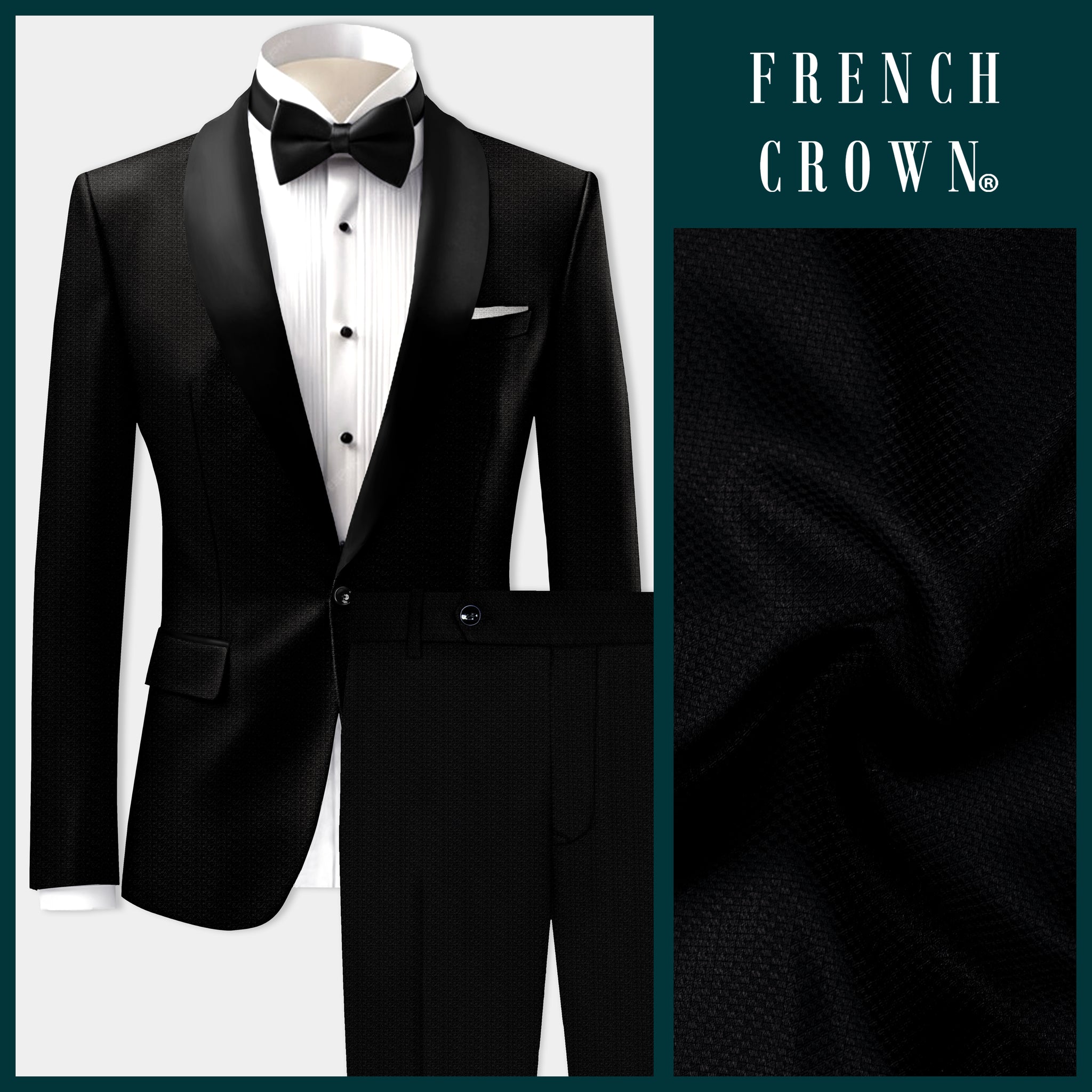 Noir-Jade Black Textured Premium Wool Blend Tuxedo-Suit for Men.