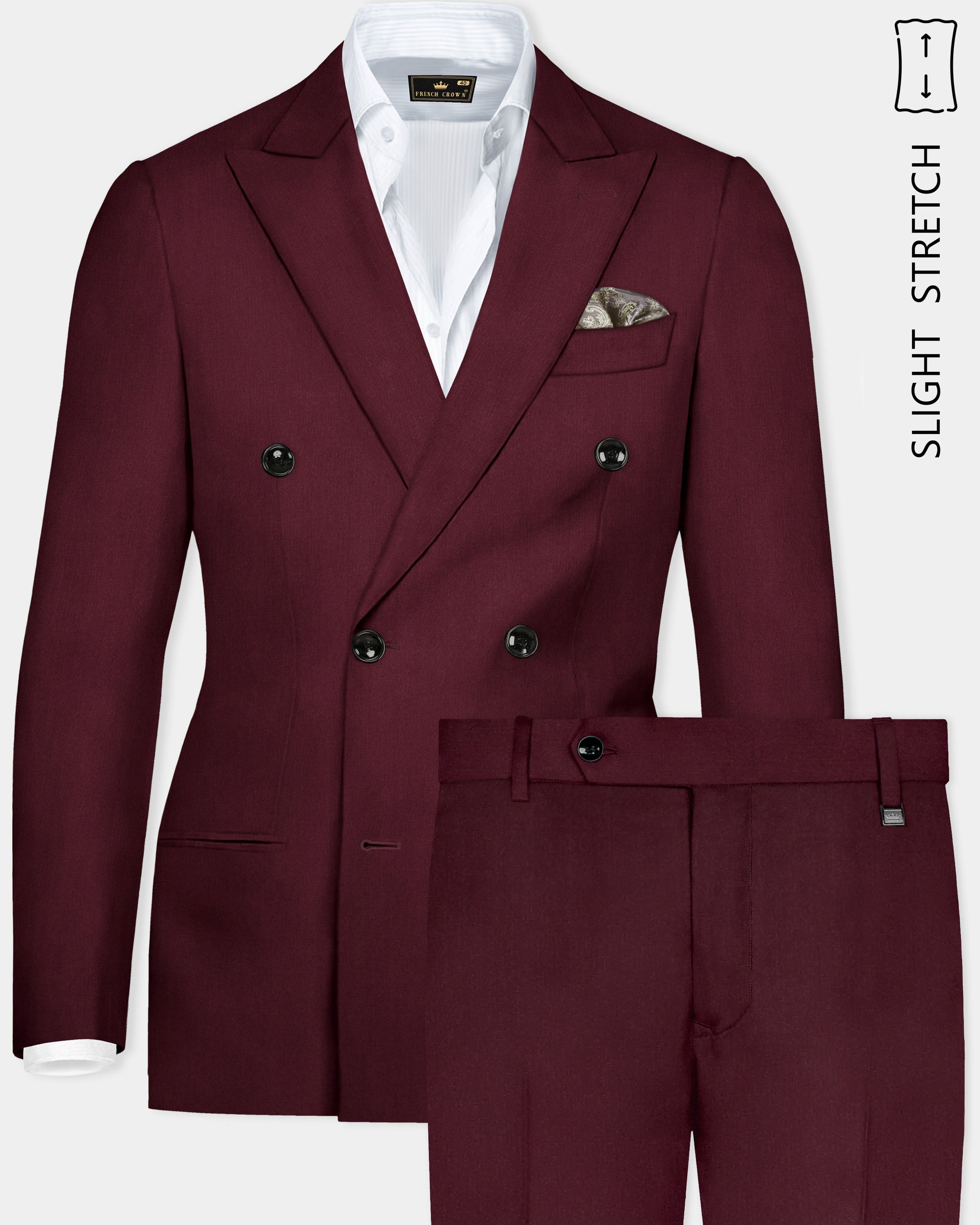 Merlot-Wine Berry Solid Premium Wool Blend Double Breasted Suit For Men.