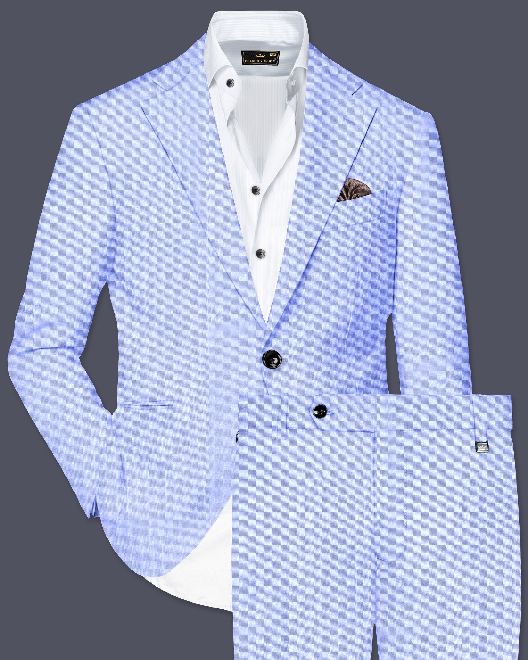 Periwinkle Blue Solid Premium Wool Rich Single Breasted Suit For Men.