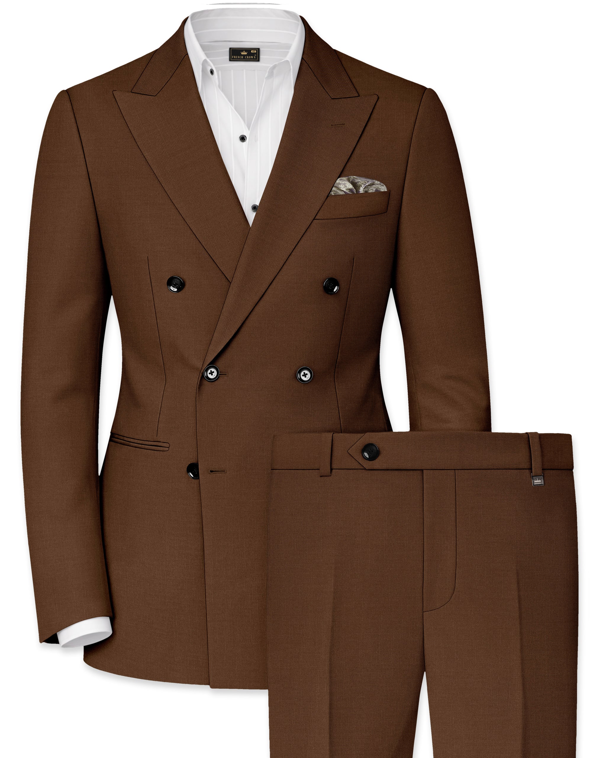 Havron-Derby Brown Solid Premium Wool Rich Double Breasted Suit For Men.